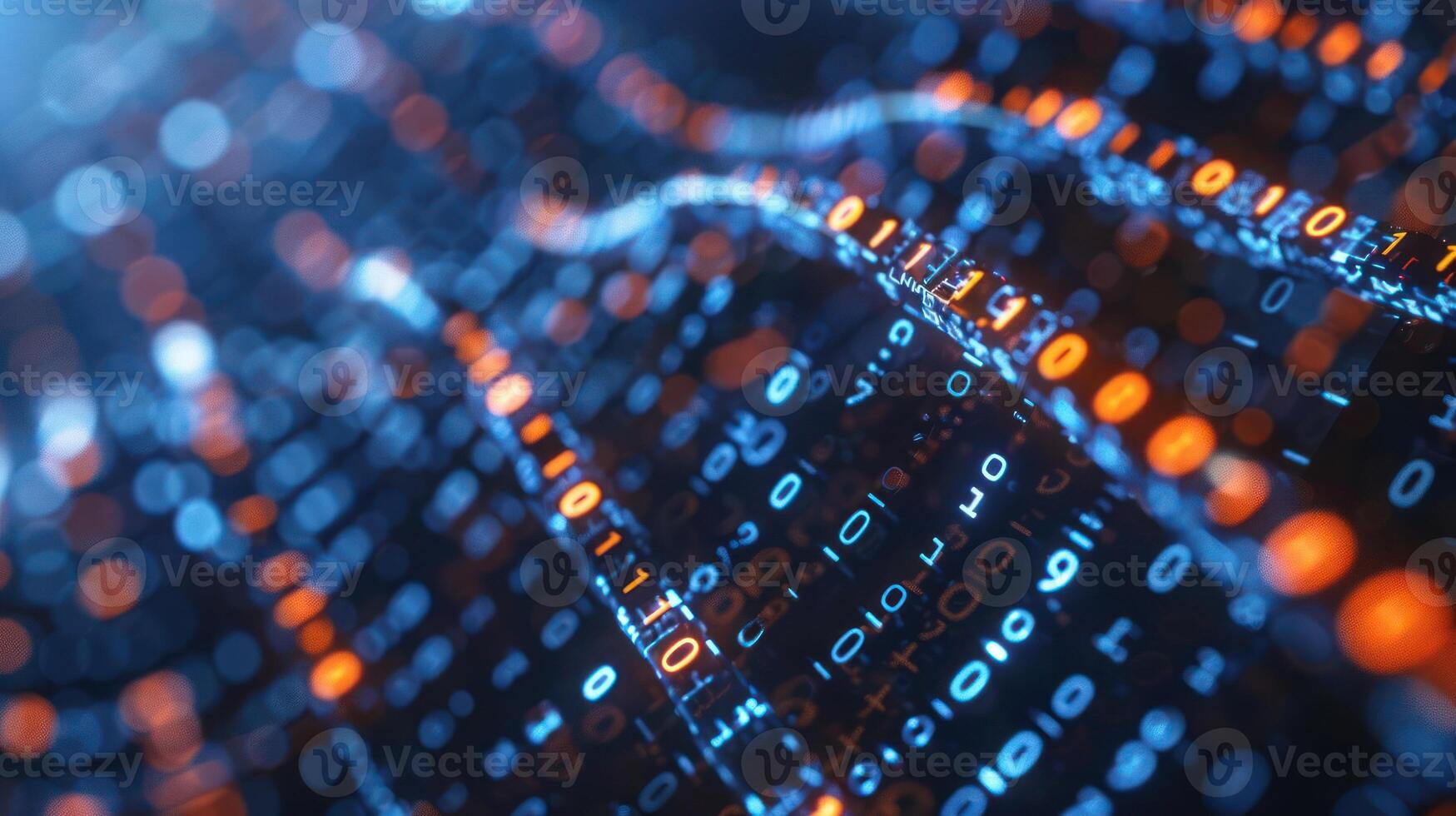 Abstract digital landscape with flowing binary code, glowing lights, and futuristic technology ...