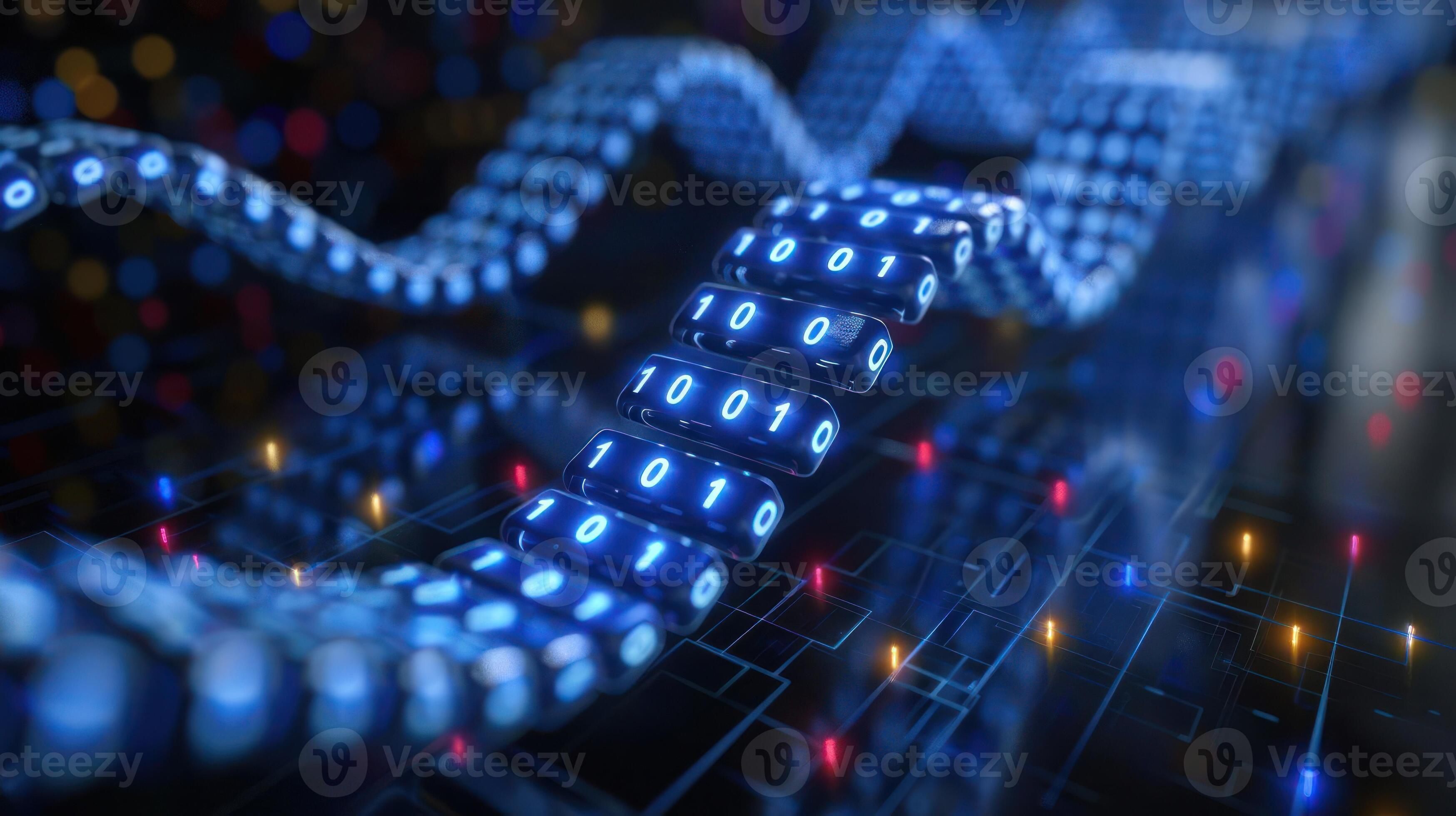 Futuristic digital landscape showcasing flowing binary code on a circuit board with vibrant ...