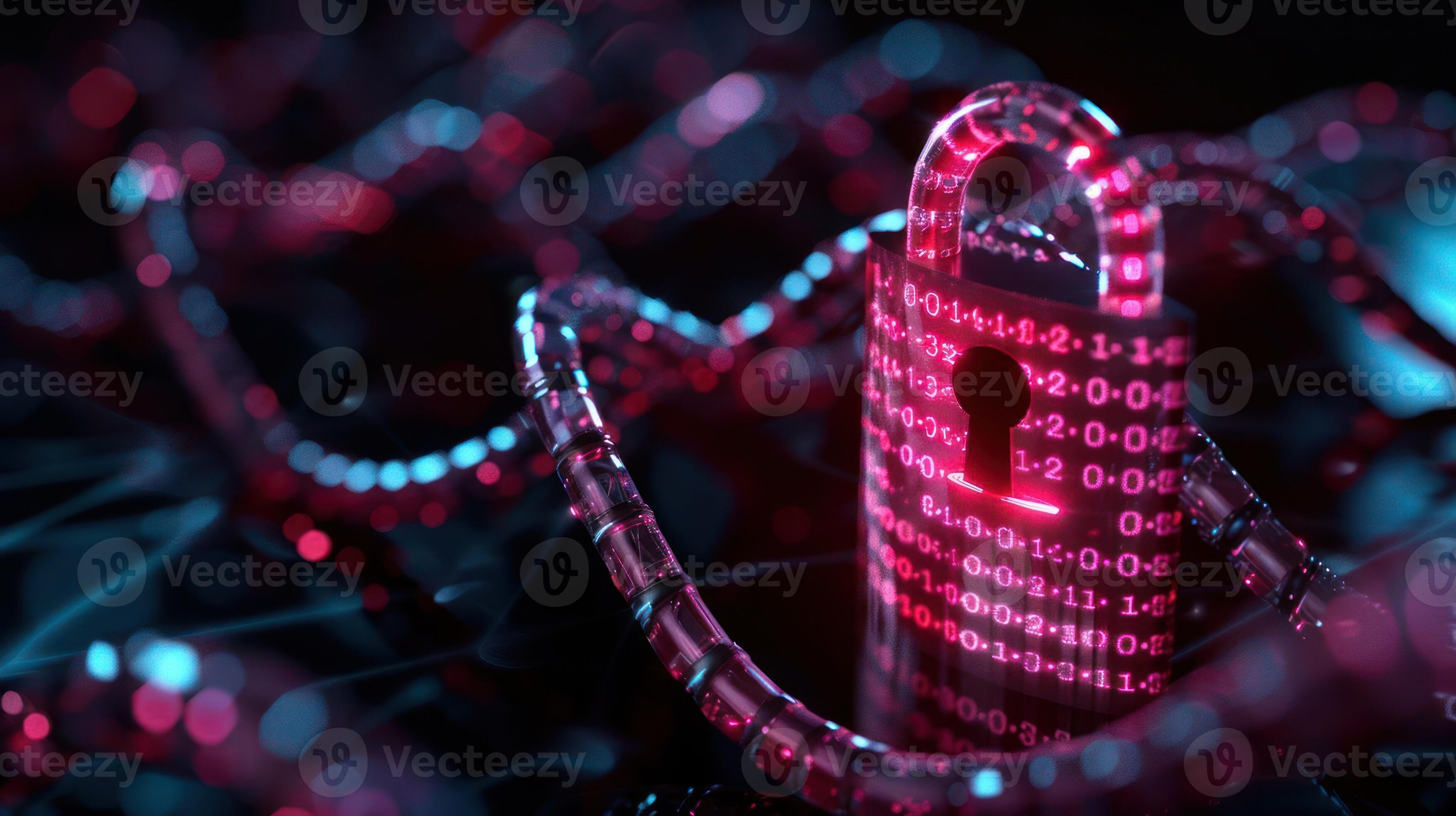 Digital Lock Surrounded By Binary Code And Glowing Chains Symbolizing