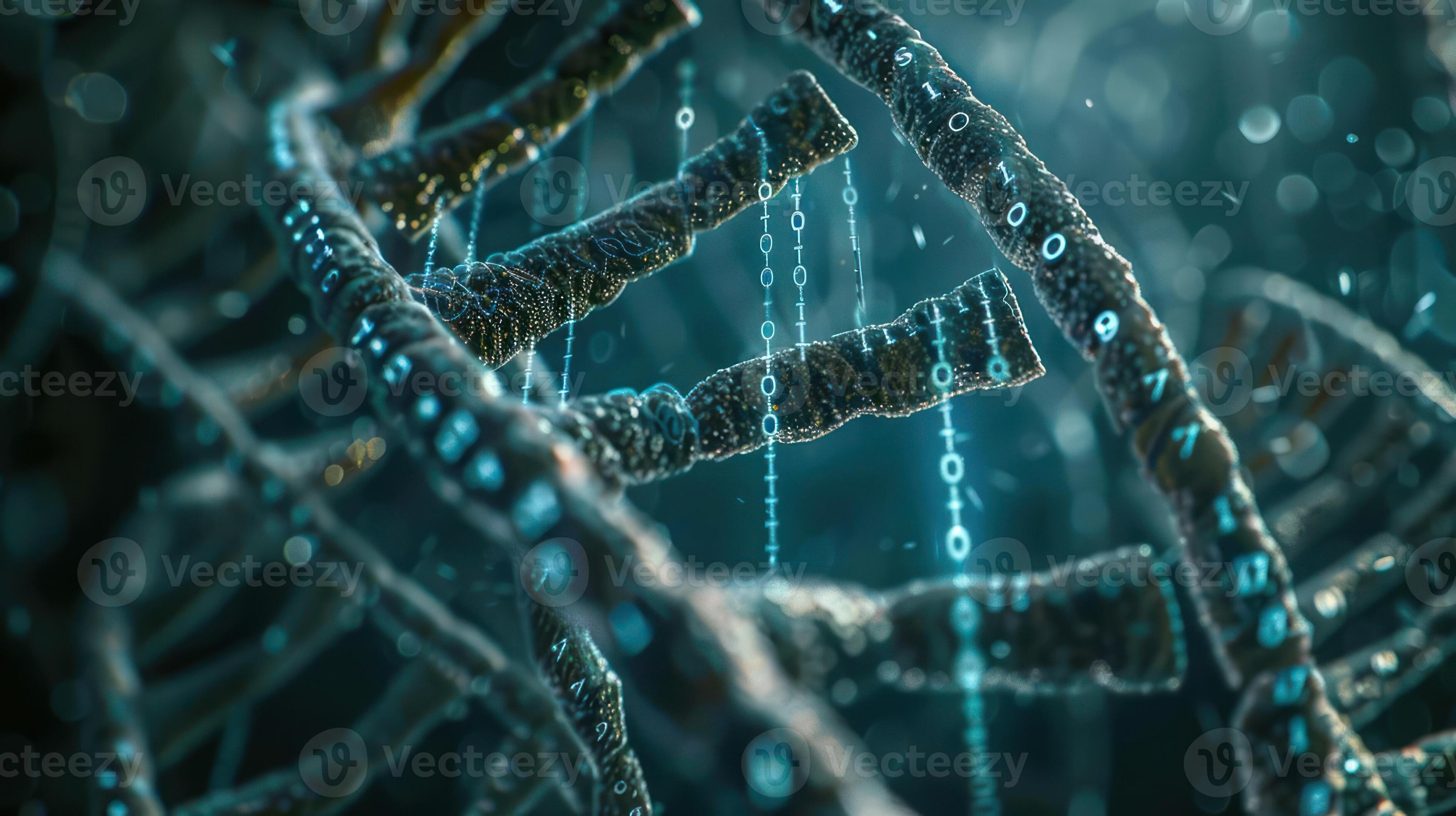 Intricate Close Up Of Dna Strands With Binary Code Flowing Symbolizing Genetic Data Processing
