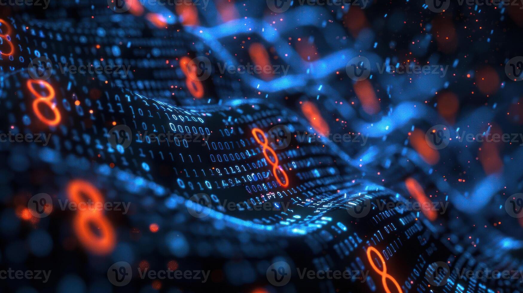 Abstract representation of flowing binary code with glowing numbers and particles in a digital ...