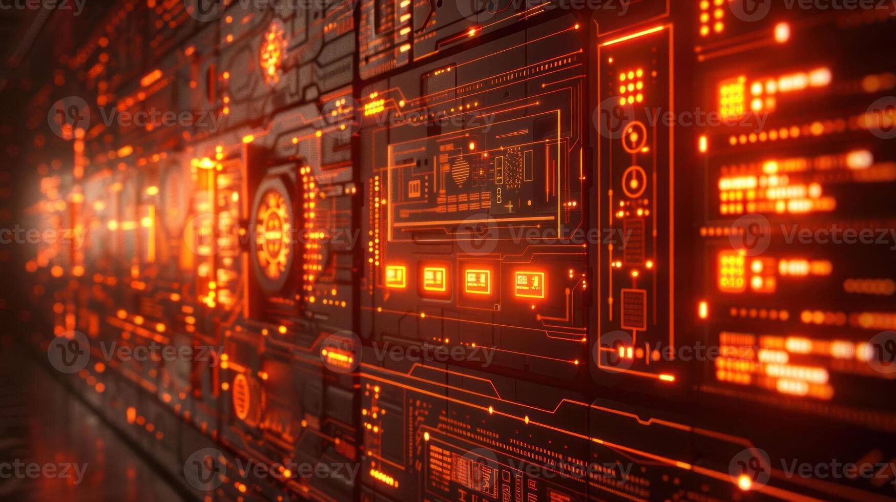Futuristic digital wall displaying intricate glowing circuits and data patterns in a tech ...