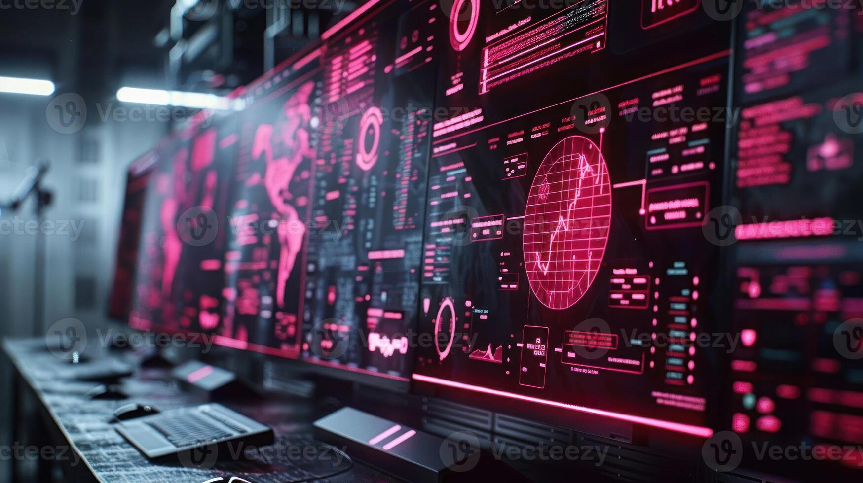 Futuristic control room with glowing screens displaying data and analytics in a high-tech ...