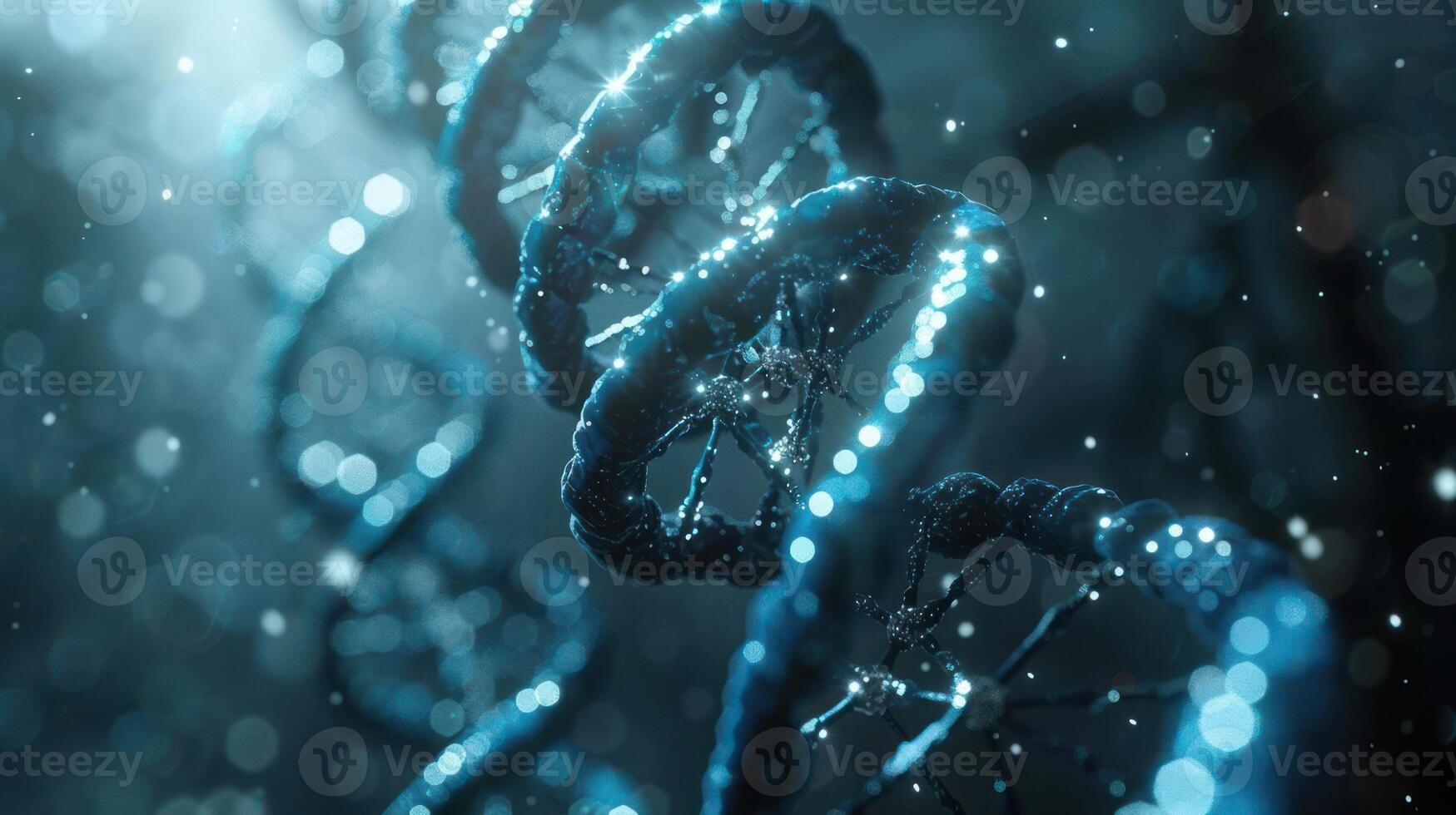 Close-up view of a DNA double helix structure illuminated by sparkling particles in a dark ...