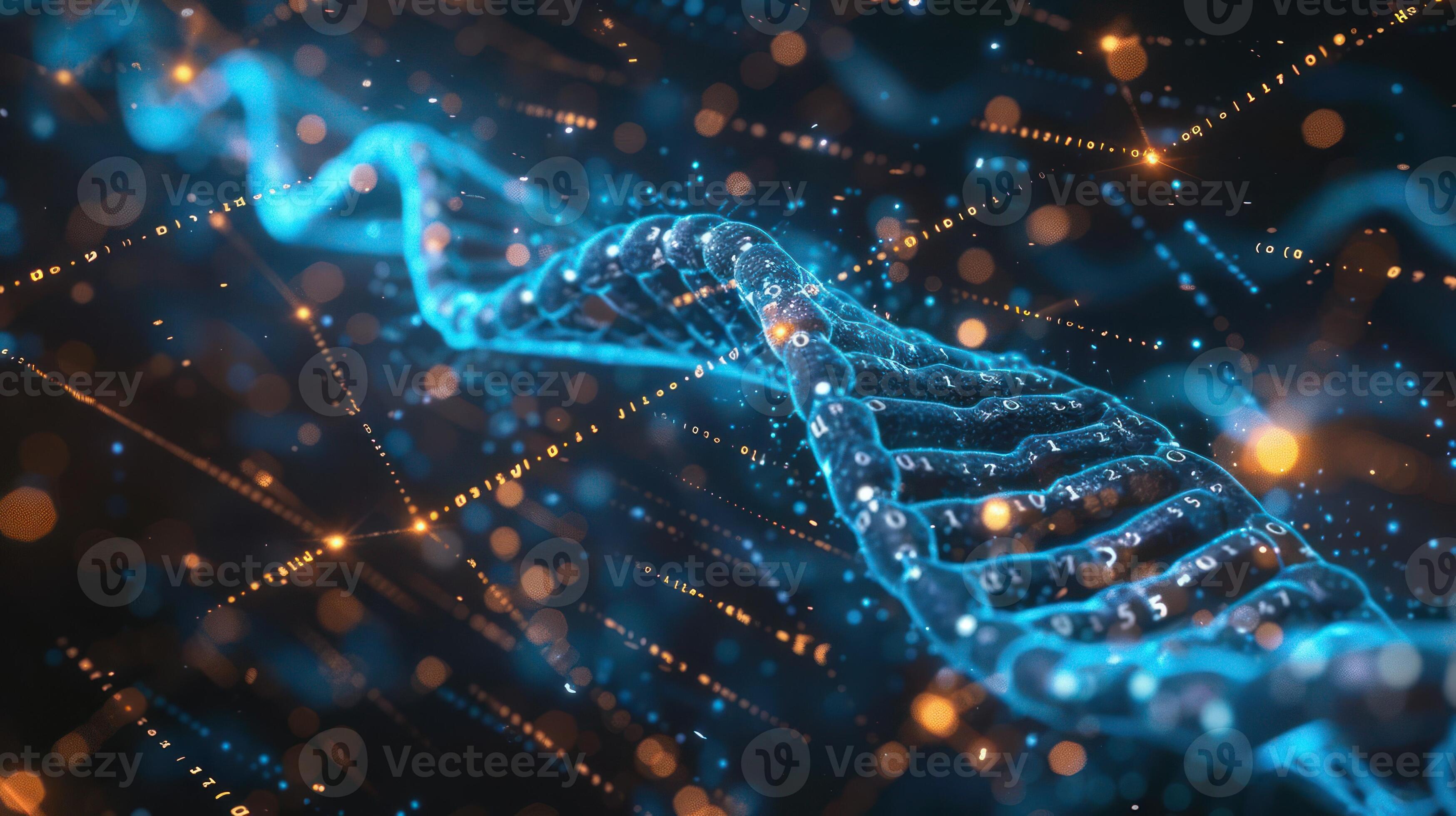 Abstract Representation Of A Dna Strand Illuminated By Glowing Particles In A Digital Space