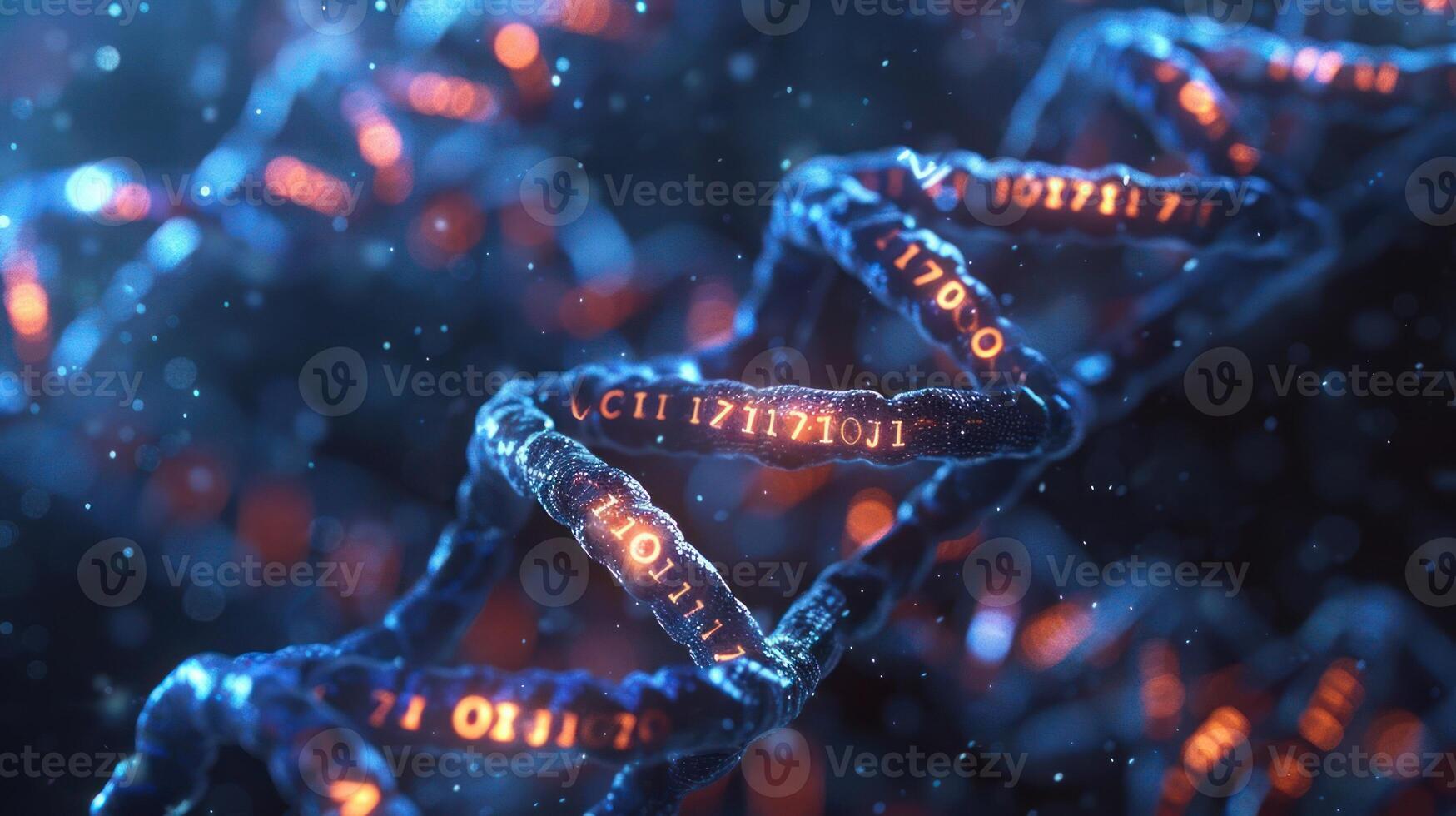 Close Up View Of A Digital Dna Strand Illuminated With Binary Code