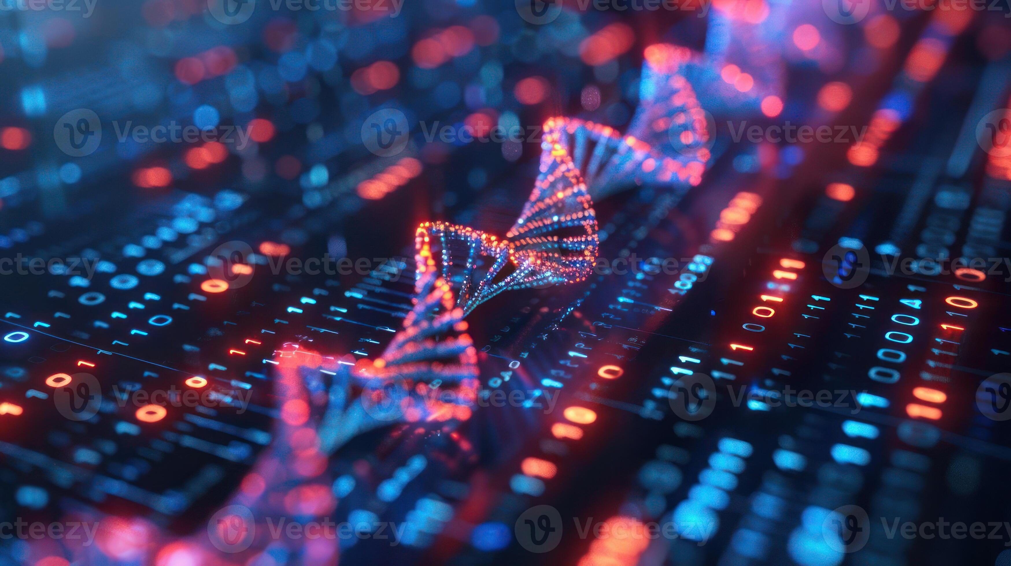 Abstract visualization of DNA strands intertwined with digital data, showcasing technology and ...