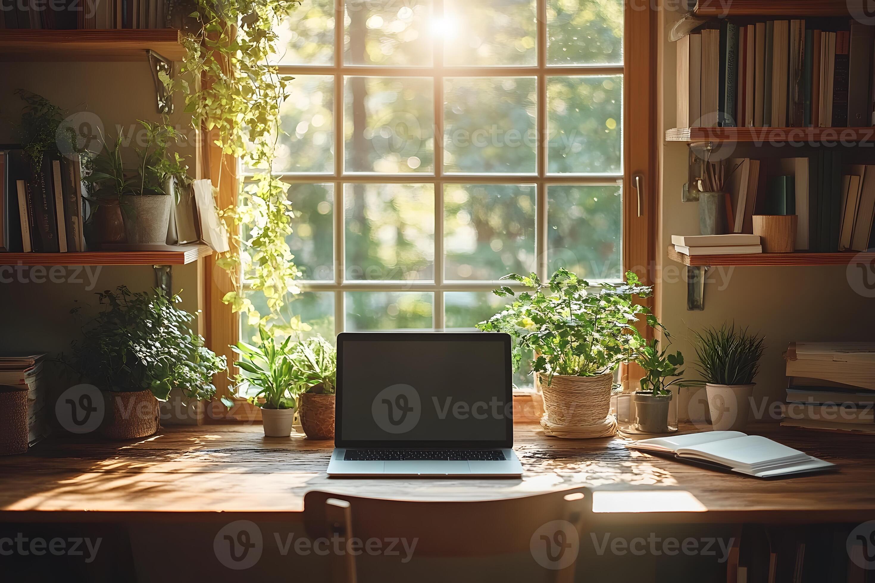 Sunny Home Office Workspace with Greenery and Open Laptop for ... Sunny Home Office Workspace with Greenery and Open Laptop for ...