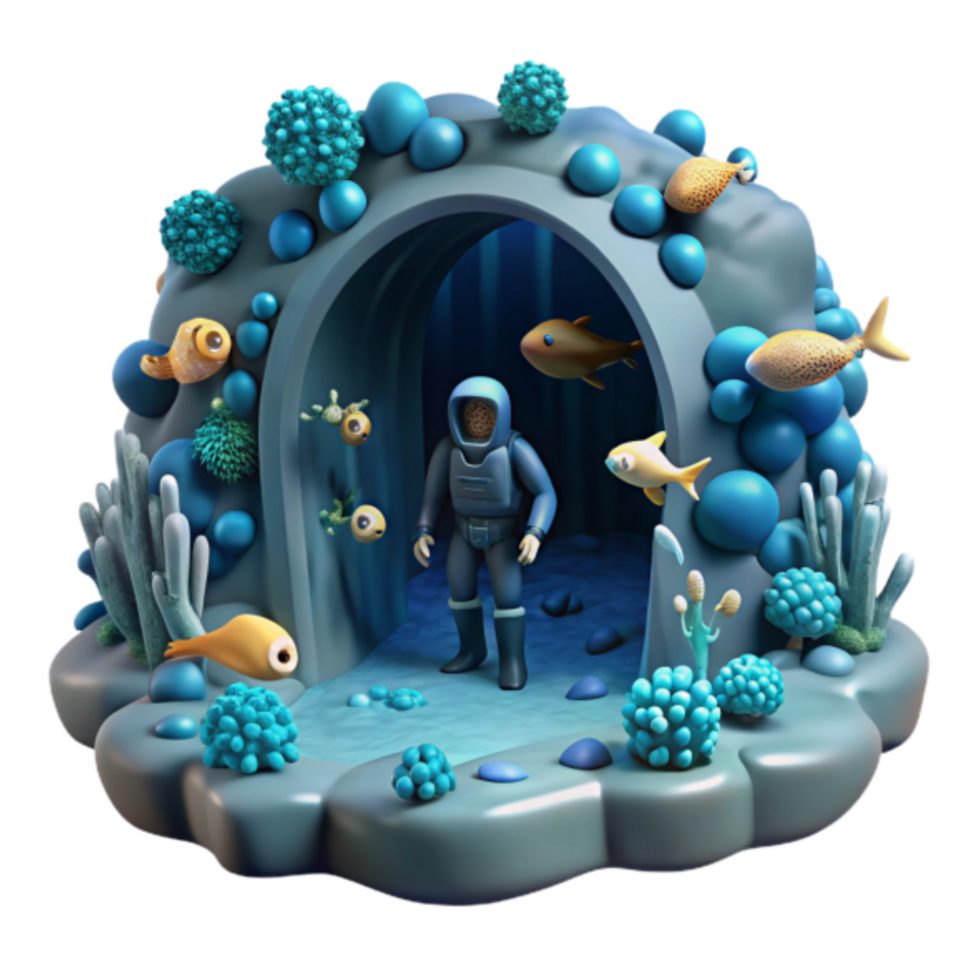 3D Illustration Underwater Cave Exploration, Diver in Submersible Suit ...
