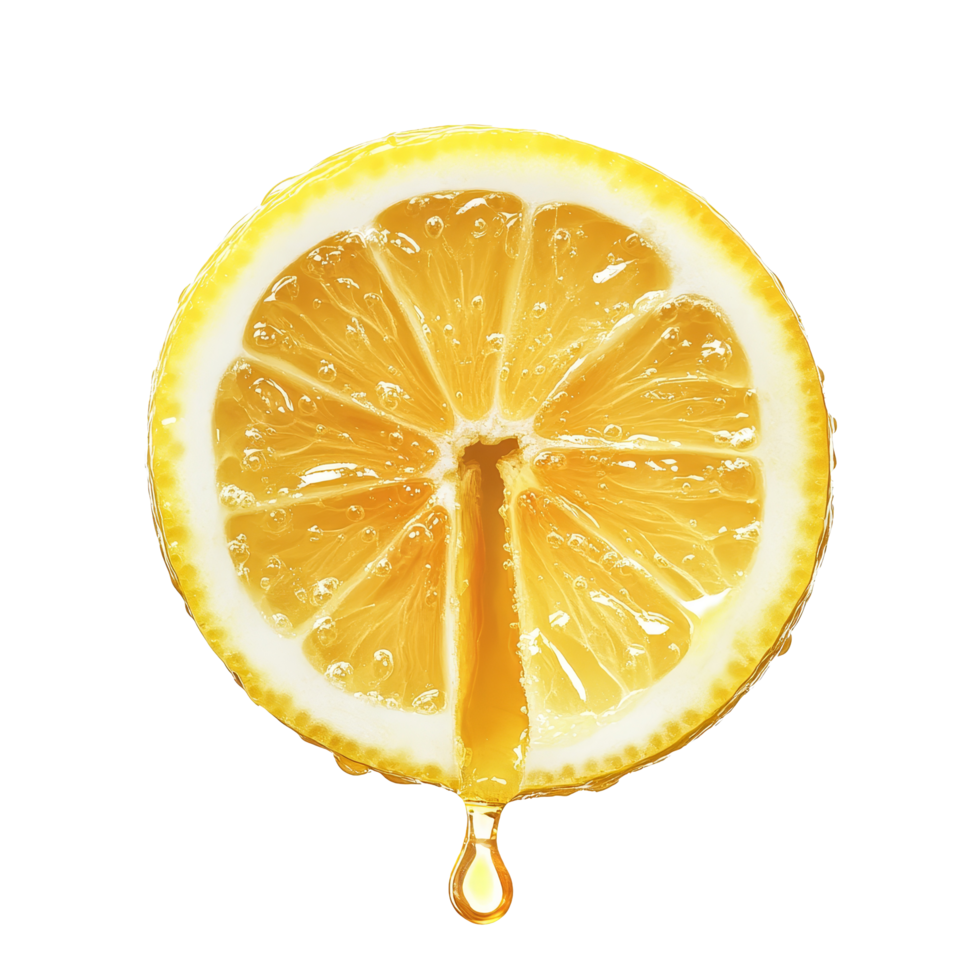 Juicy lemon slice with refreshing juice dripping on a clean transparent background, lemon slice ...