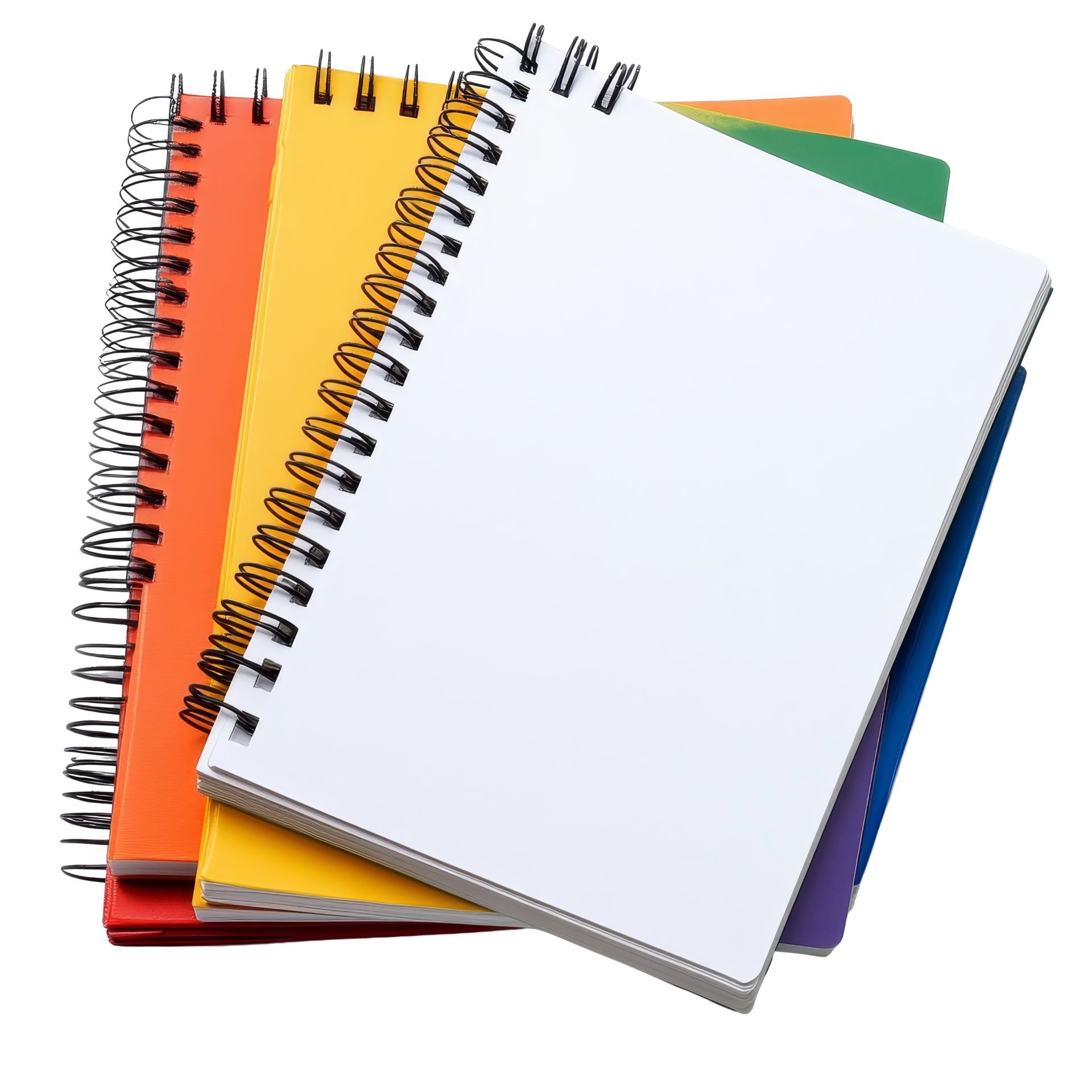 Colorful spiralbound paper notebooks stacked on a transparent ...