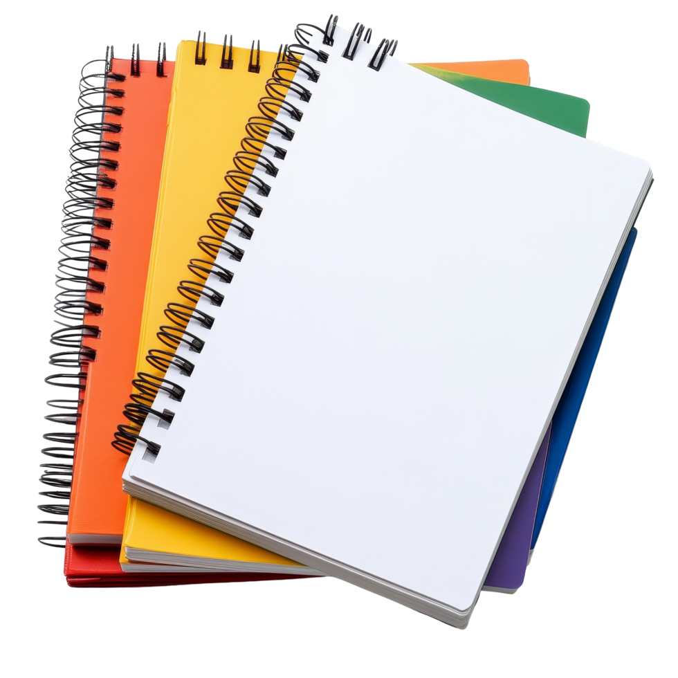 Colorful spiralbound paper notebooks stacked on a transparent ...