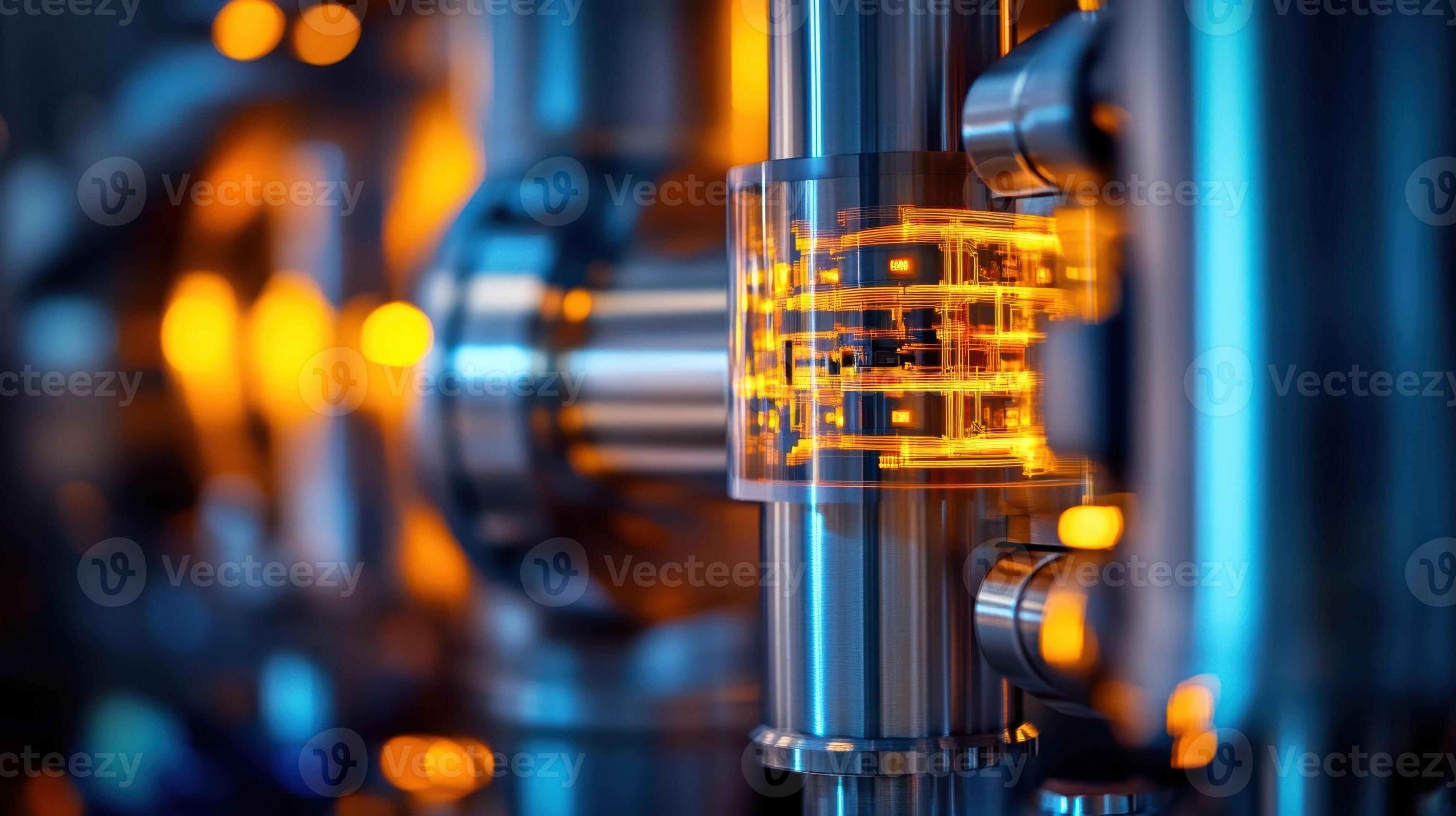 A macro shot of a machines internal wiring with luminous data streams illustrating the flow of ...