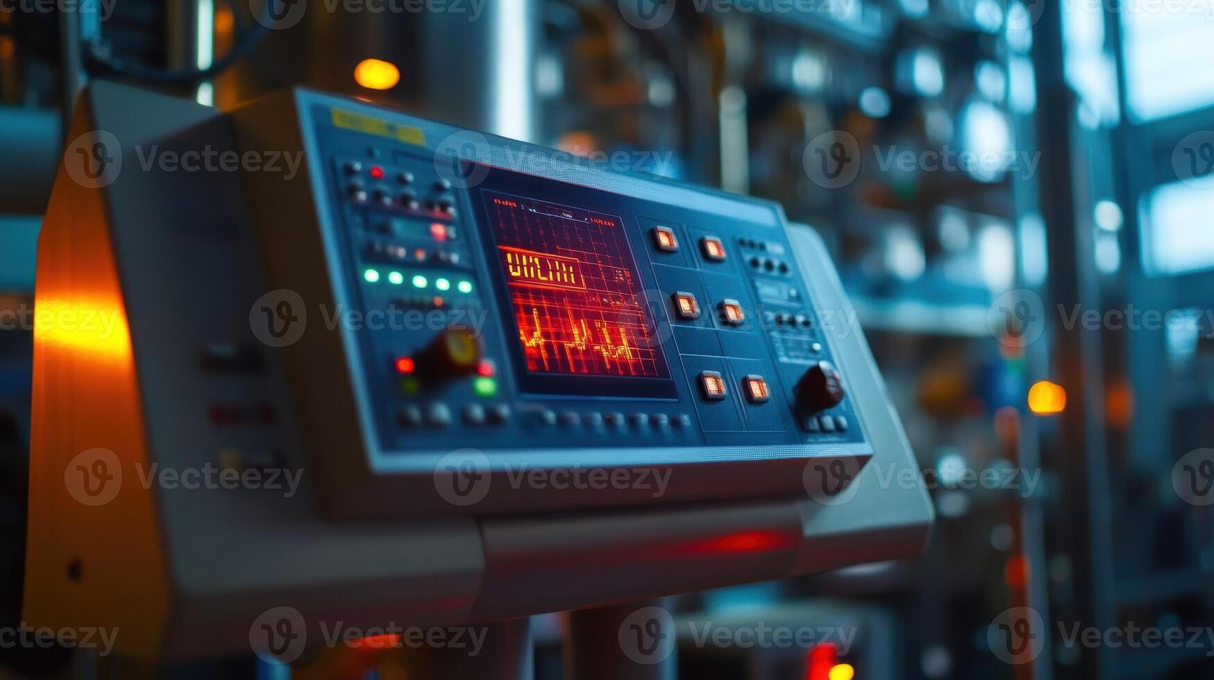 An industrial control unit with multiple blinking lights and a central display screen where a ...