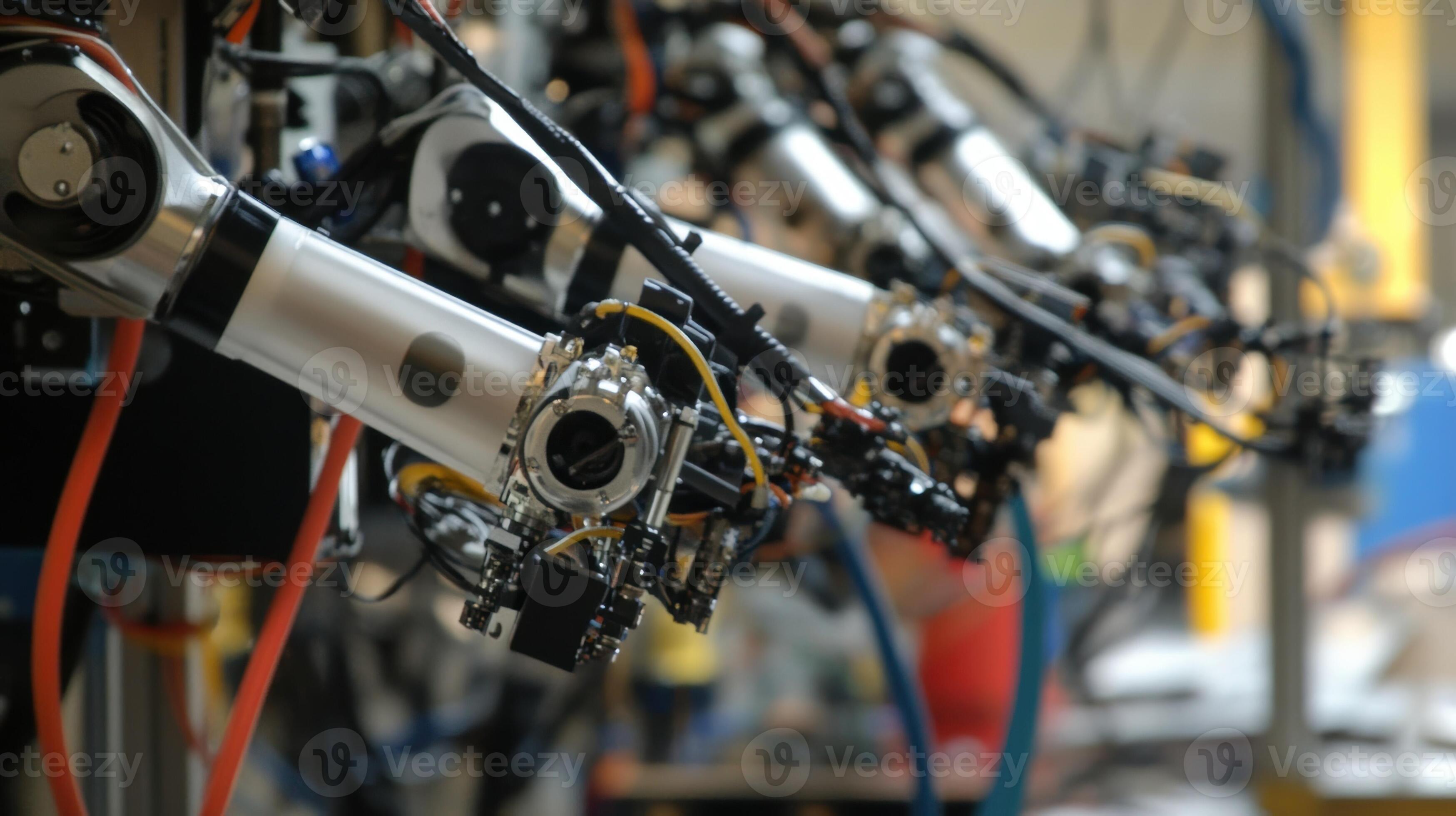 A closeup of multiple articulated robotic joints connected to an automated assembly line with ...