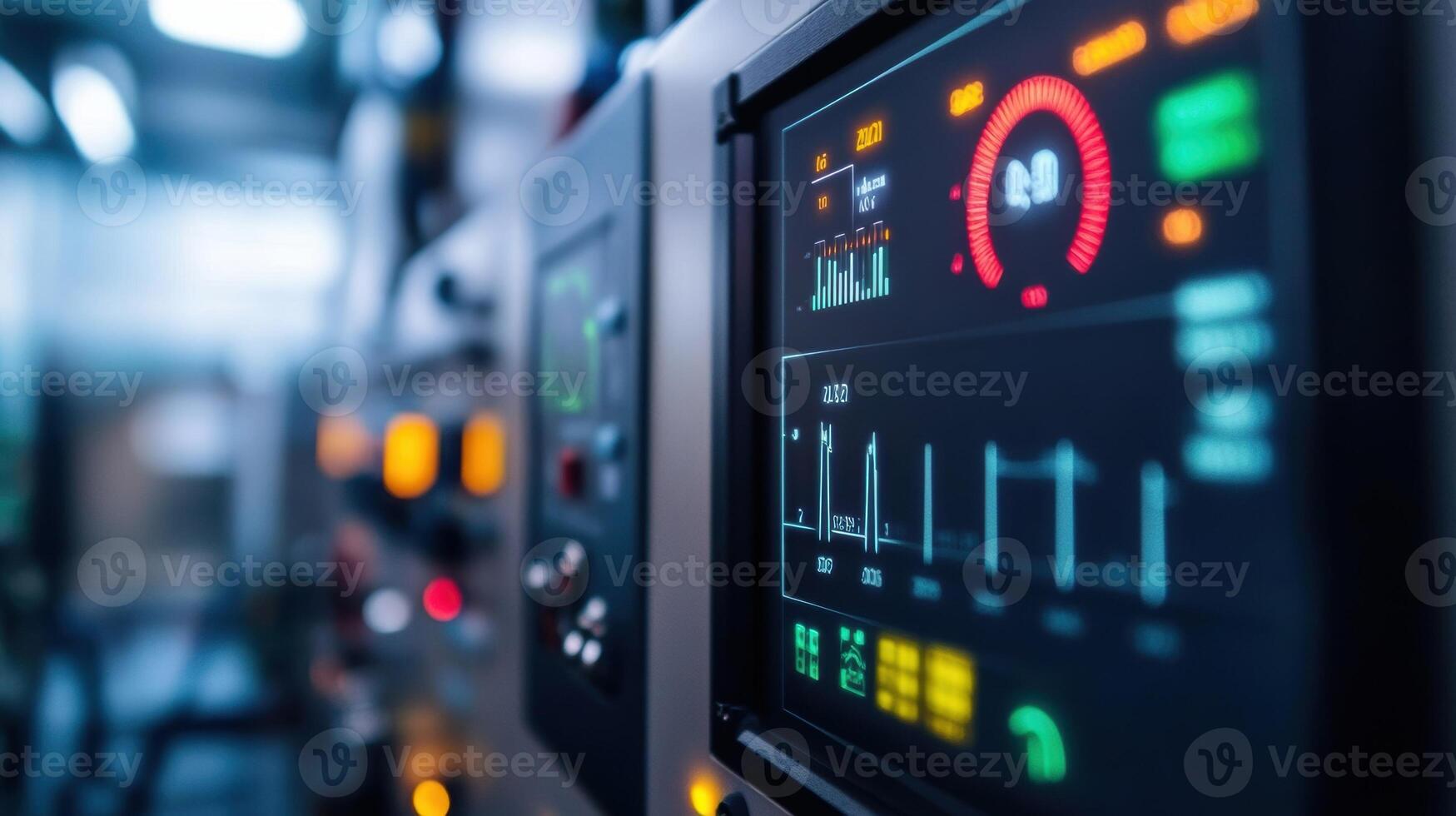 Closeup of a control panel equipped with realtime energy monitoring tools with indicators ...