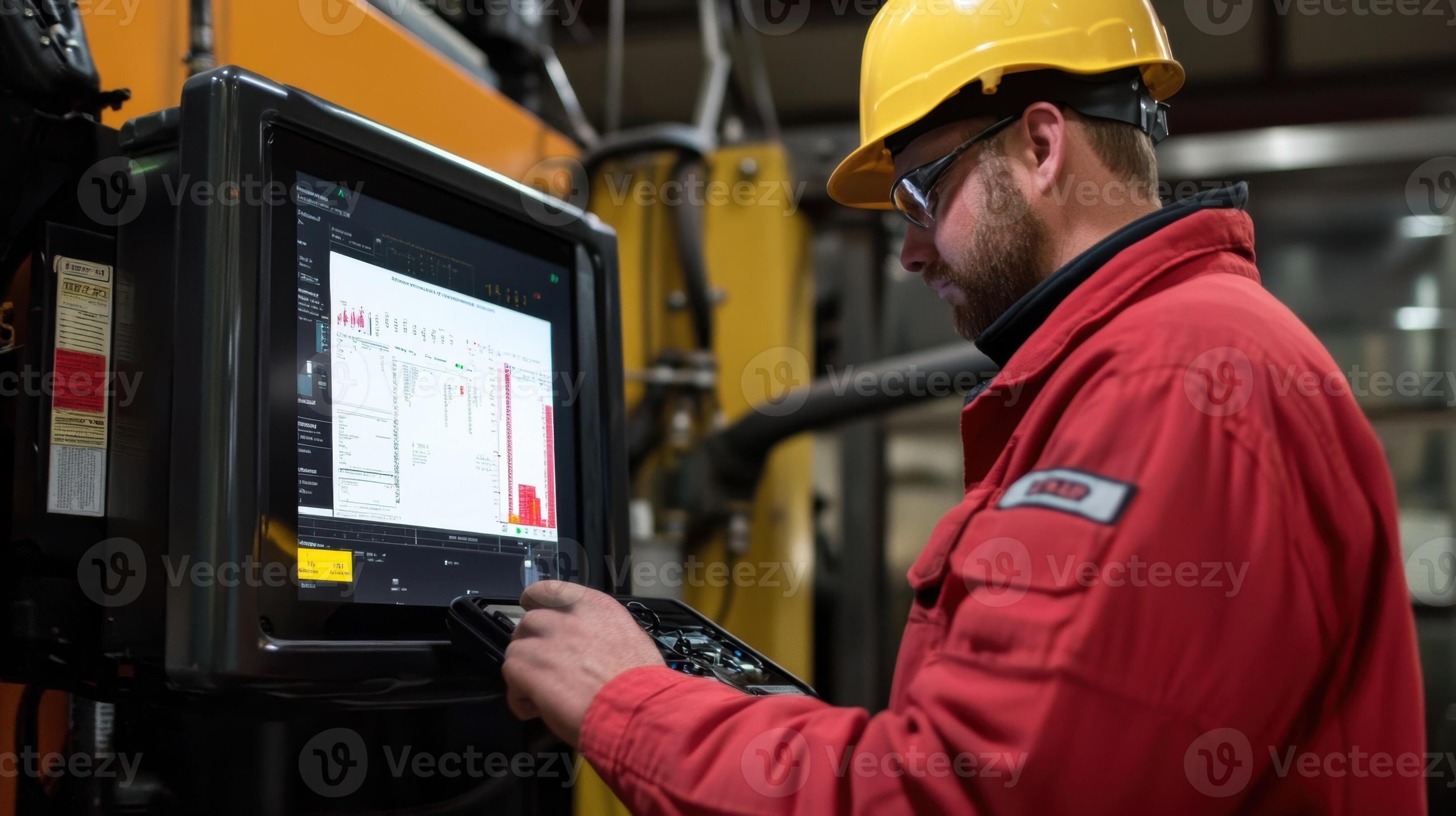 A mechanic using a predictive maintenance tool with a screen showing the condition of machinery ...