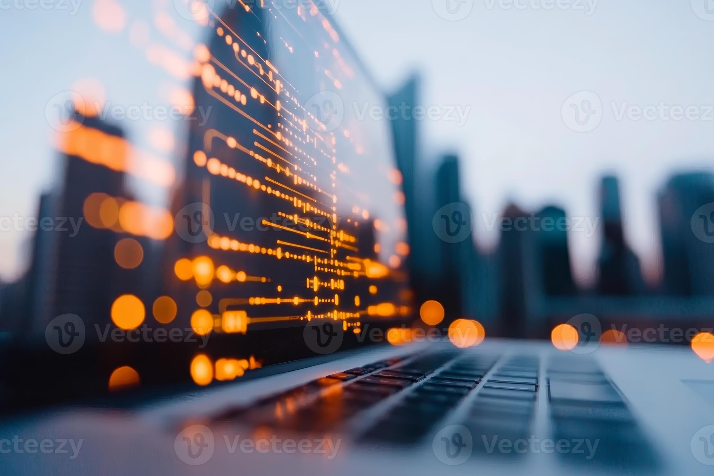 City skyline with laptop showcasing coding and programming at twilight ...