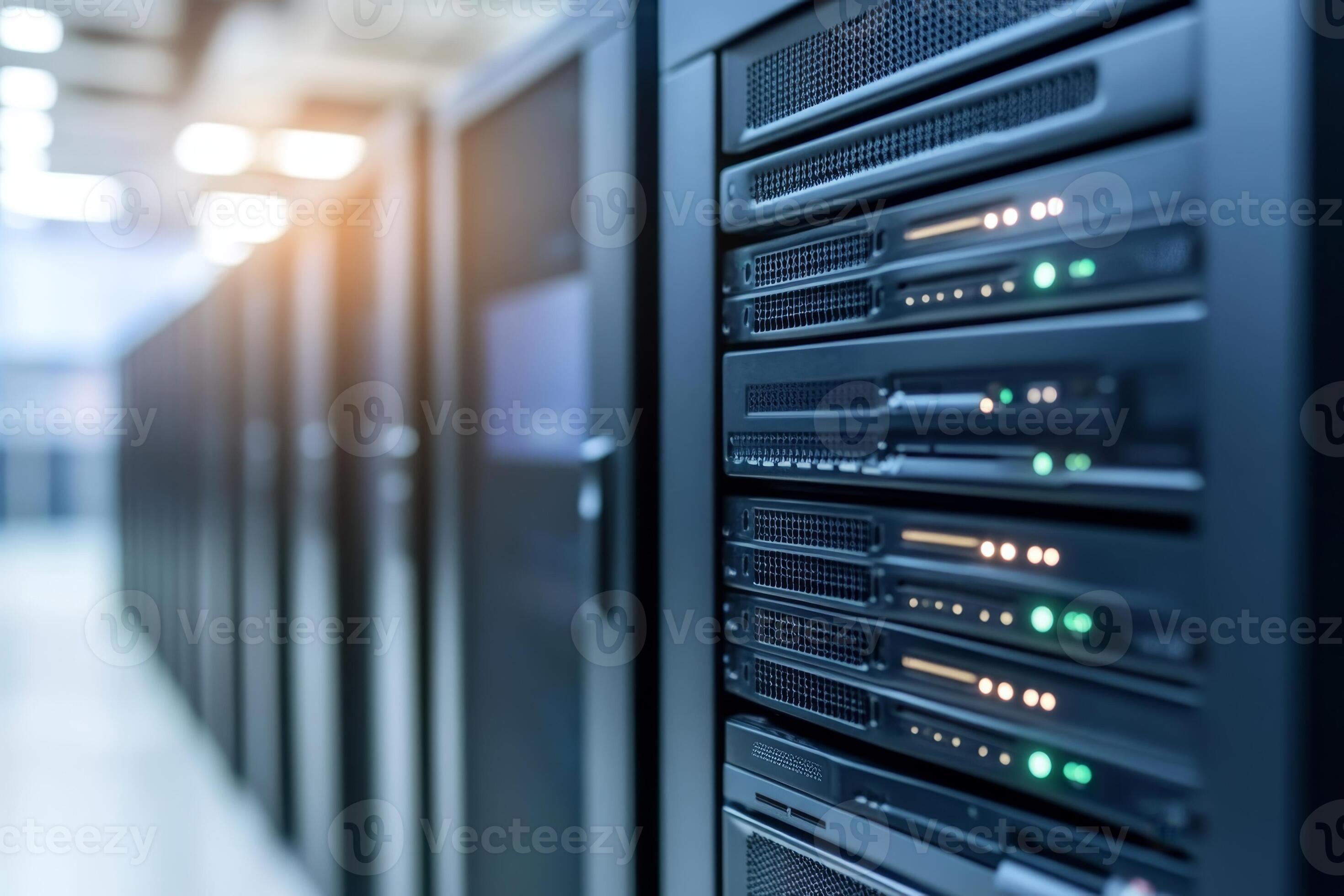 High-tech server room with multiple racks illuminated by soft lighting in a data center 55416808 ...