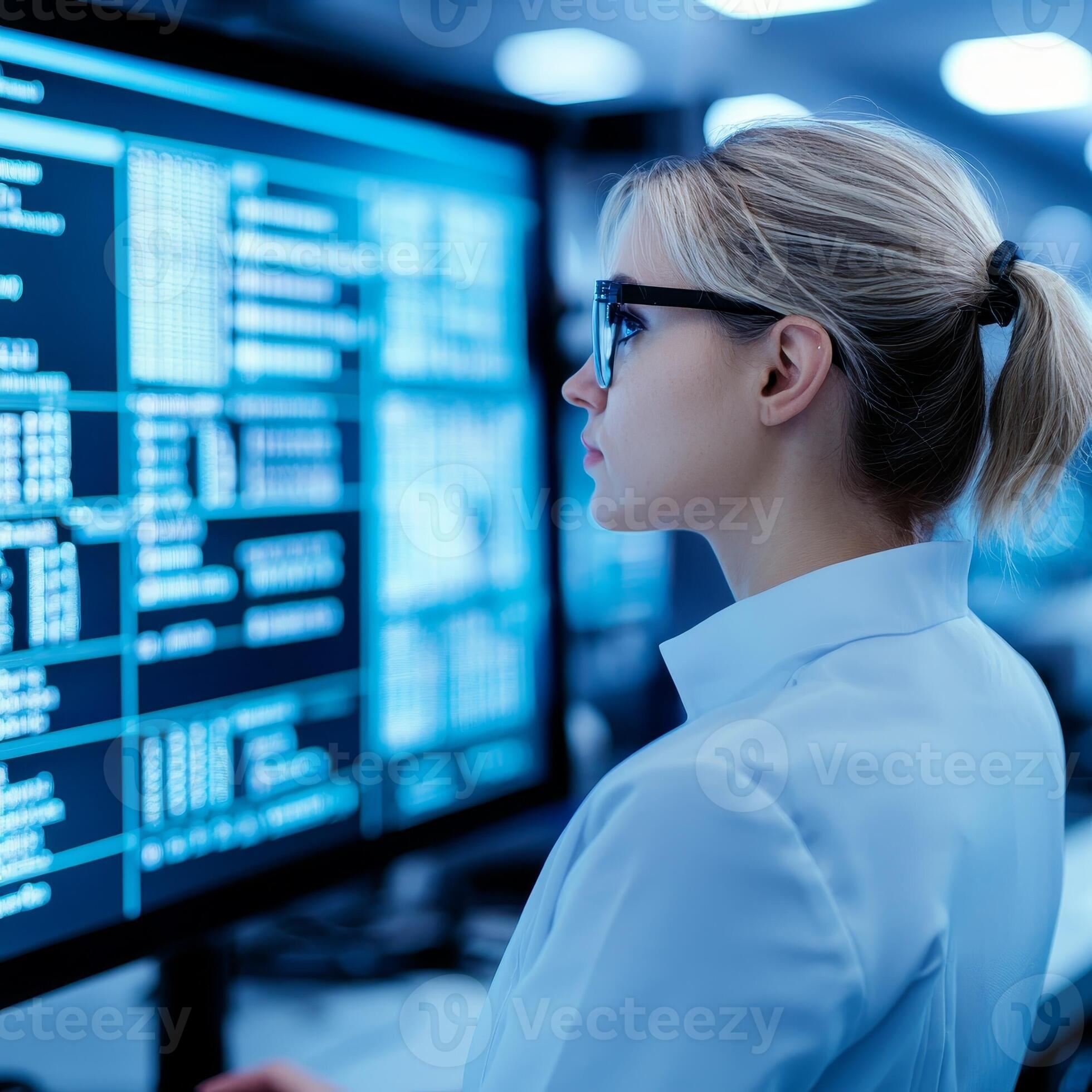 Precision task execution concept. Focused professional analyzing data on a computer screen ...