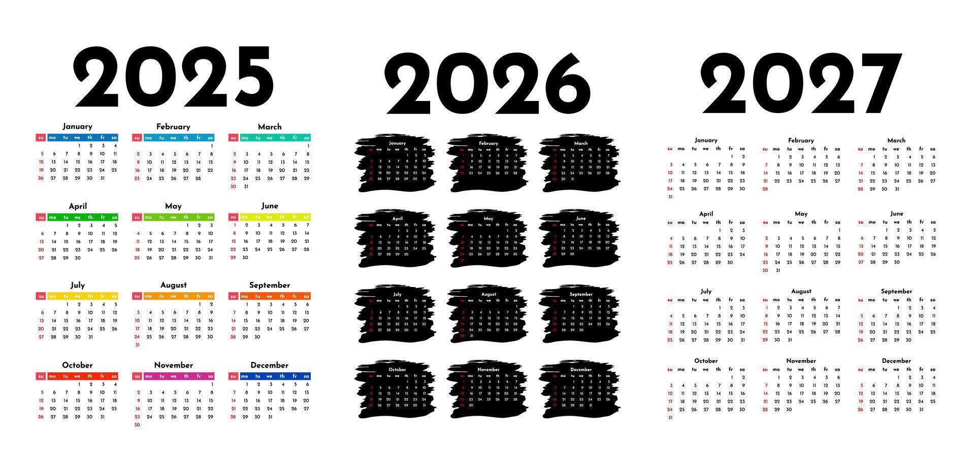 Set of three vertical calendars for 2025, 2026 and 2027 isolated on a white background. Sunday ...