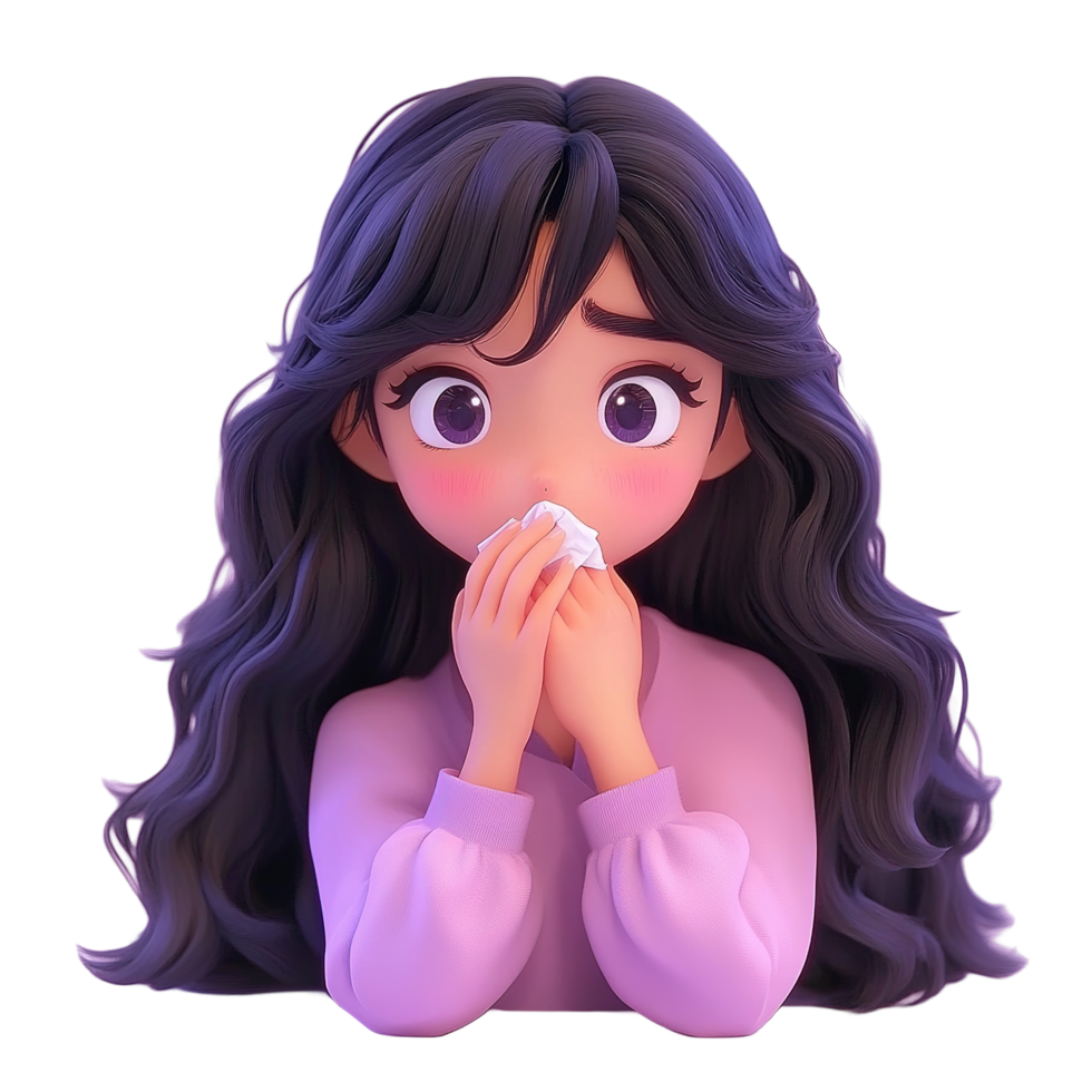 Adorable Cartoon Girl Blowing Her Nose With Tissue 55429421 Png