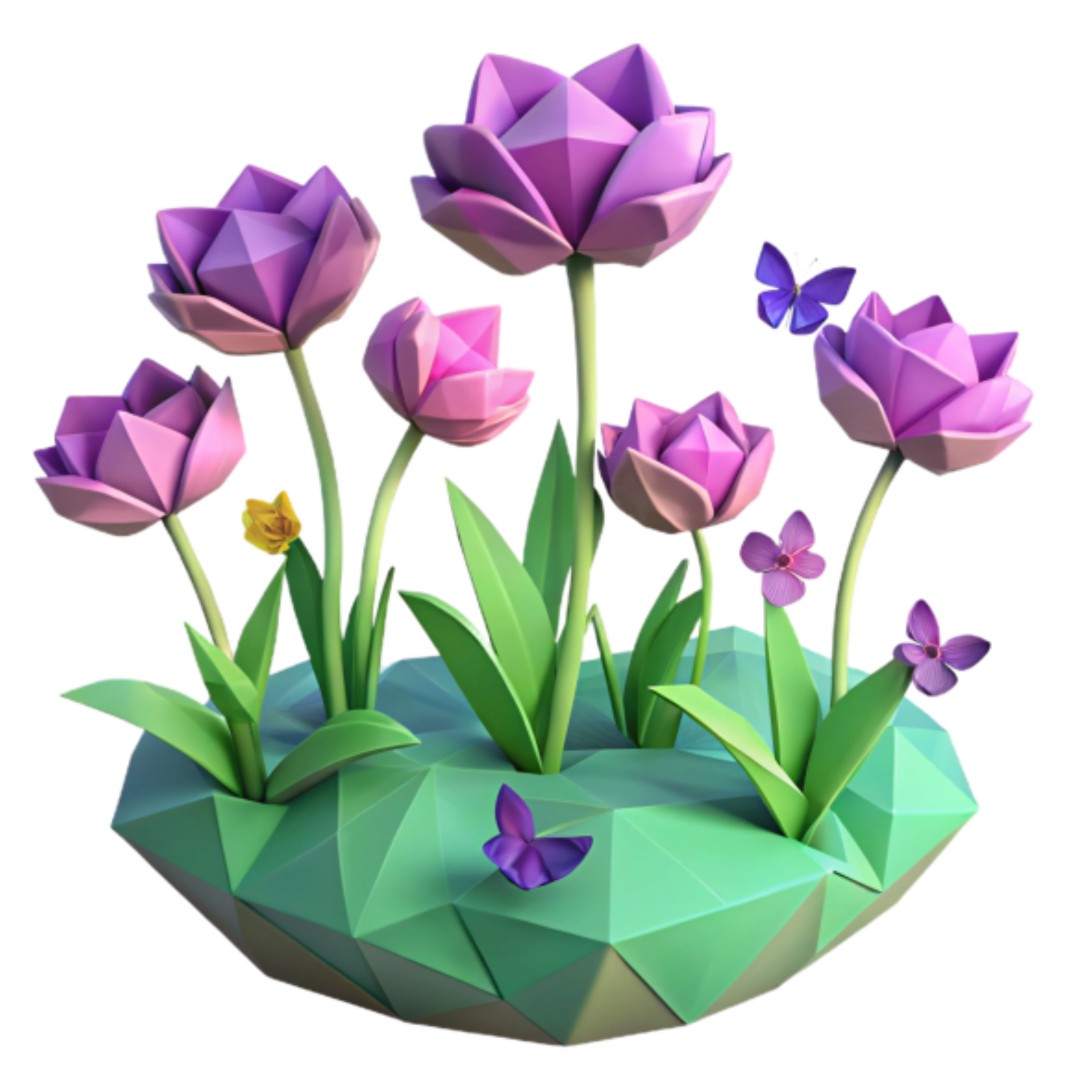 Low Poly Floral 3D Render Spring Flowers and Butterflies Illustration 55448638 PNG