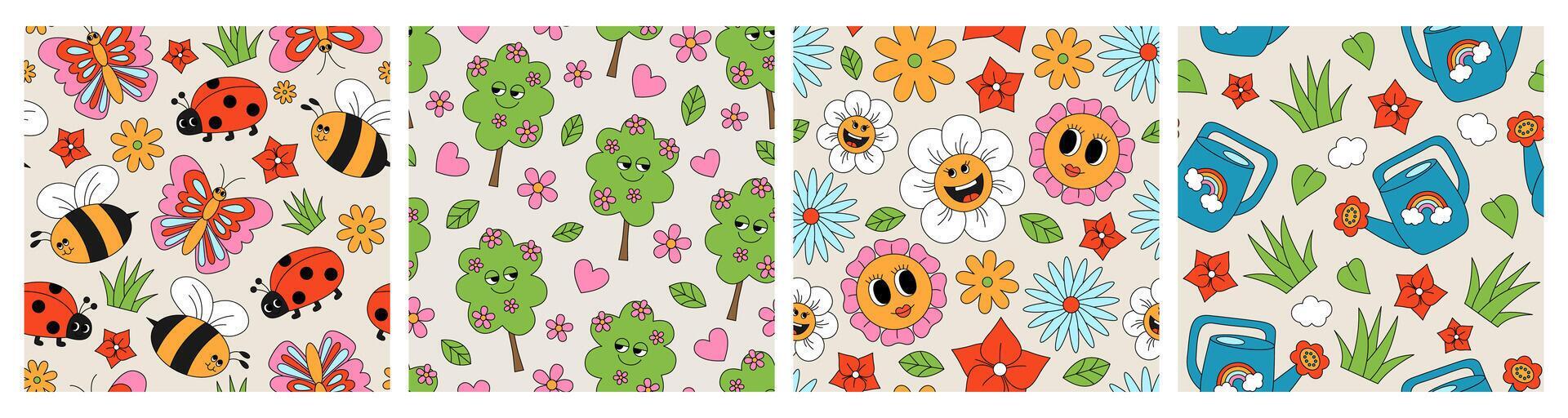 Retro groovy spring seamless patterns set. Vintage collection with ...