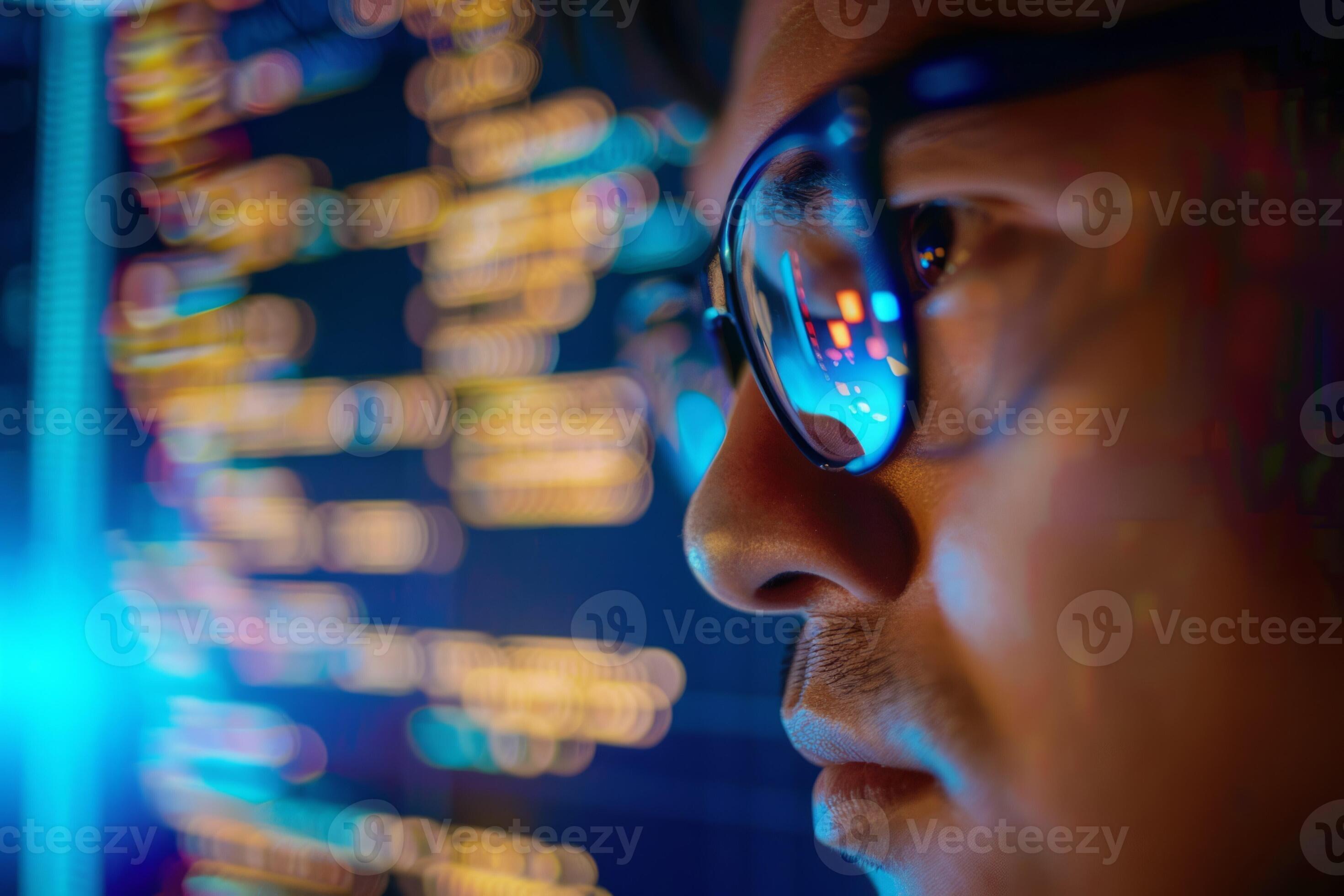 Portrait of Startup Digital Entrepreneur Working on Computer, Line of Code Projected on Face and ...