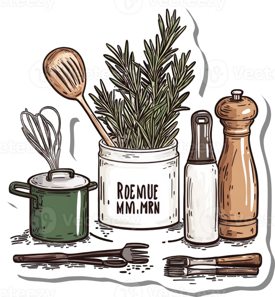 Kitchen Utensils and Fresh Rosemary in a Jar 55493229 PNG