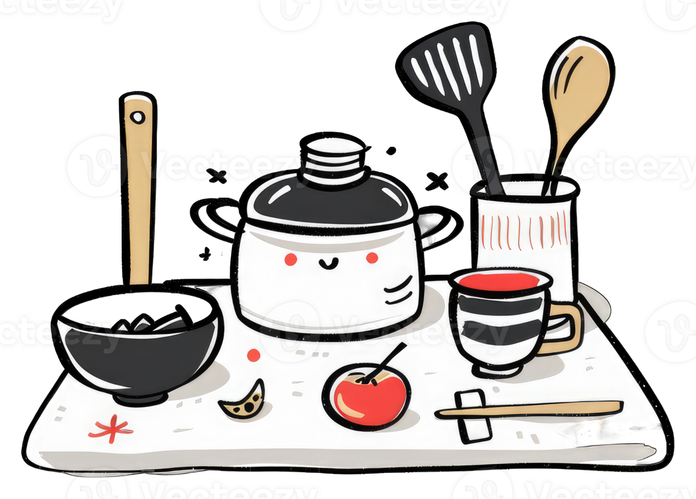 Cute Cartoon Kitchen Utensils and Food on Table 55493847 PNG