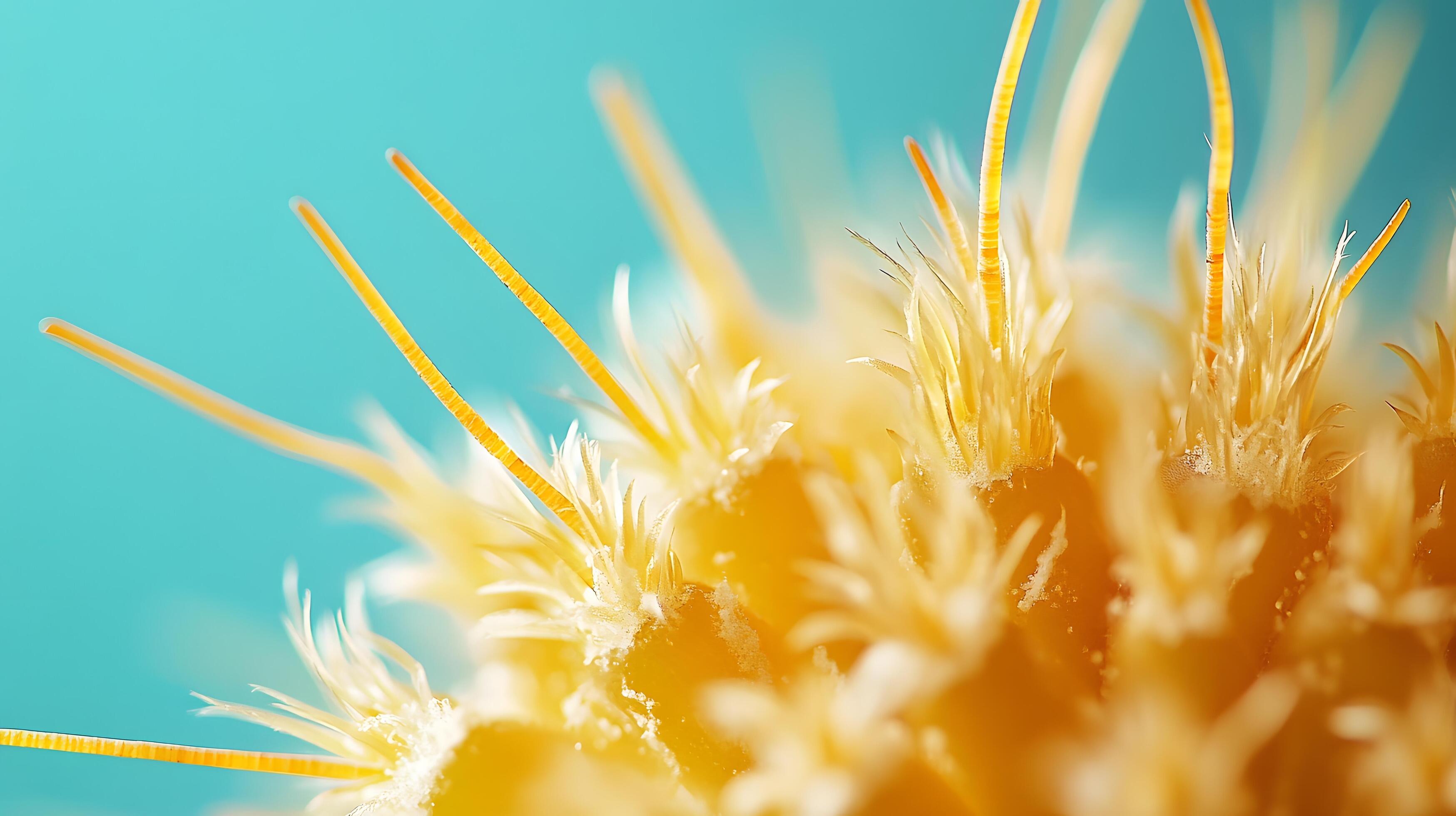 Golden barrel cactus displays striking yellow spines against soft baby blue background. Macro ...