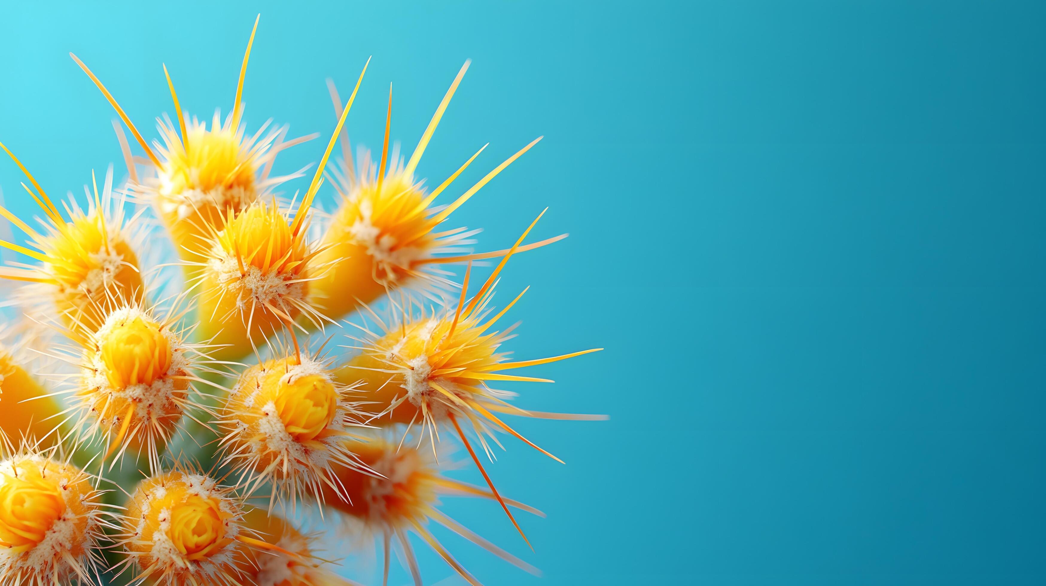 Golden barrel cactus displays striking yellow spines against soft baby blue background. Macro ...