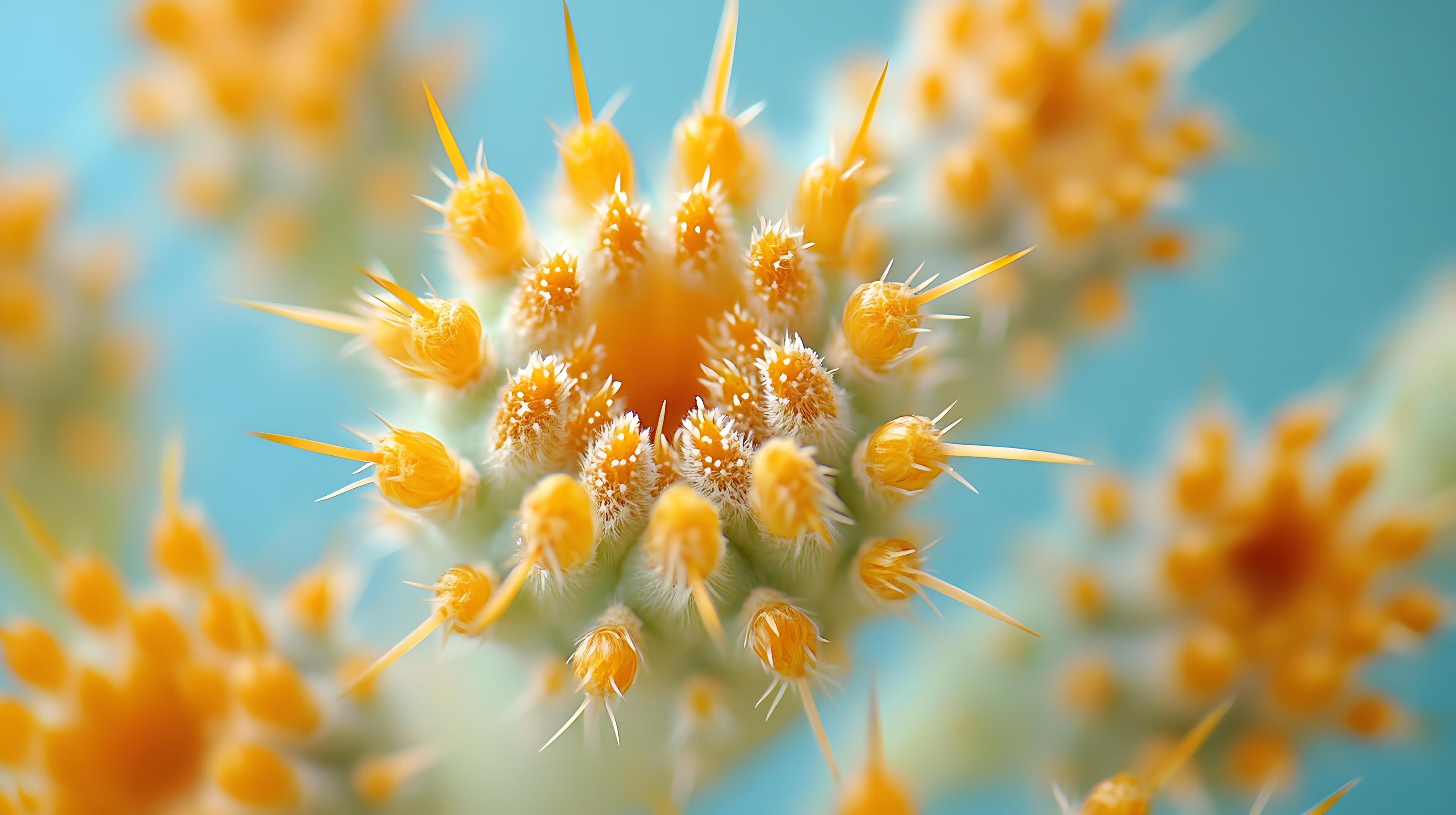 Golden barrel cactus displays striking yellow spines against soft baby blue background. Macro ...