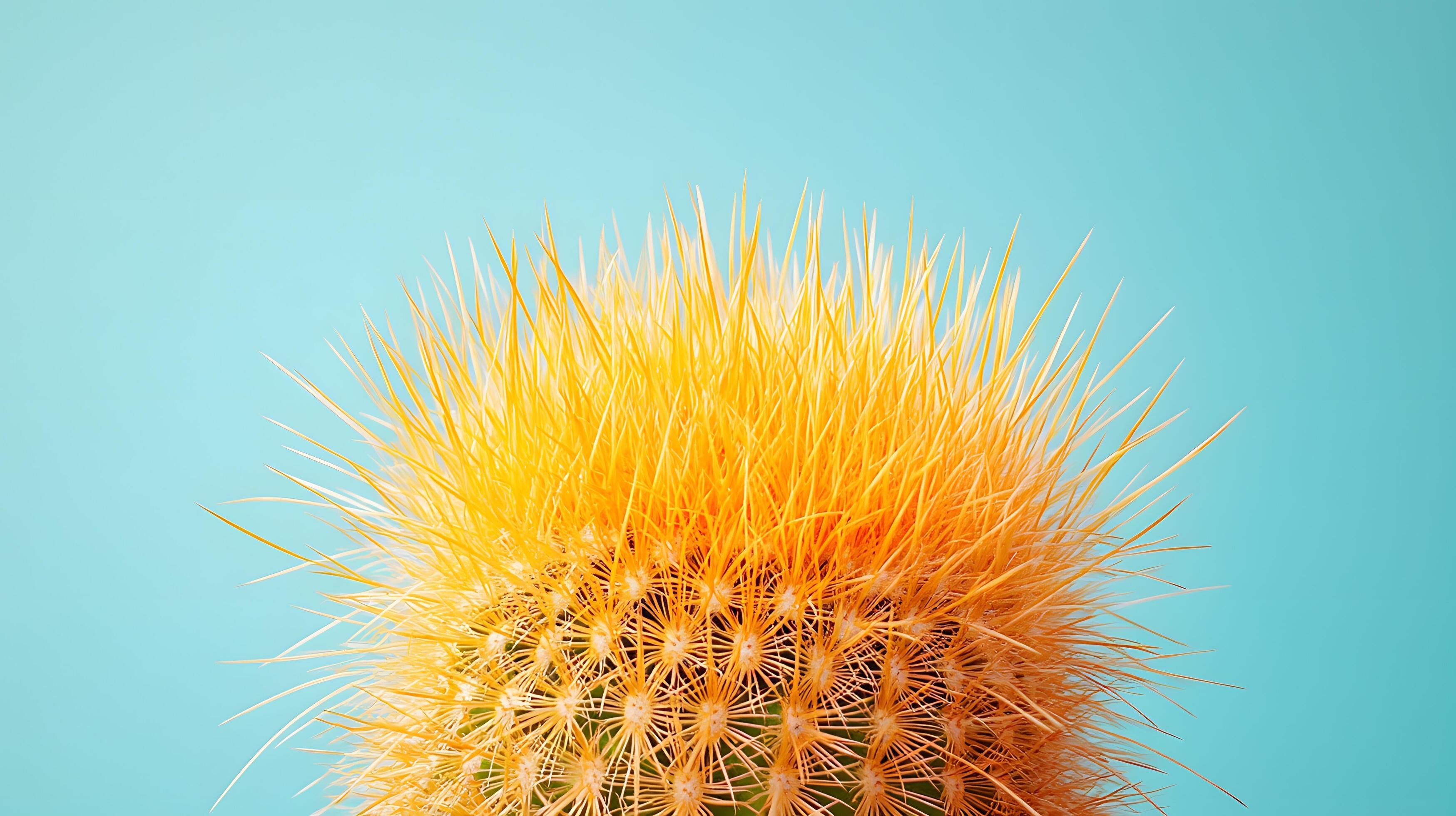Golden barrel cactus displays striking yellow spines against soft baby blue background. Macro ...