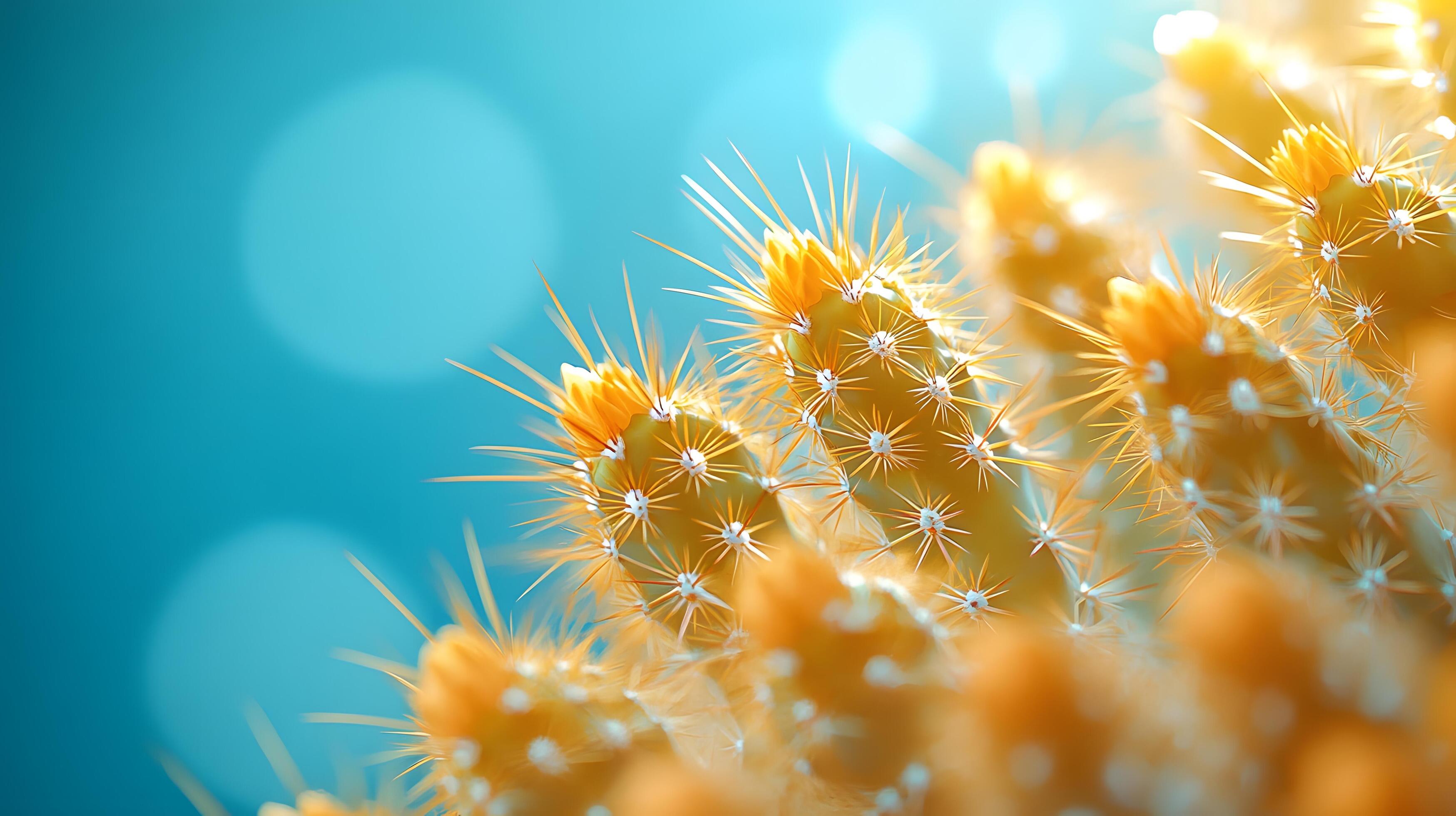 Golden barrel cactus displays striking yellow spines against soft baby blue background. Macro ...