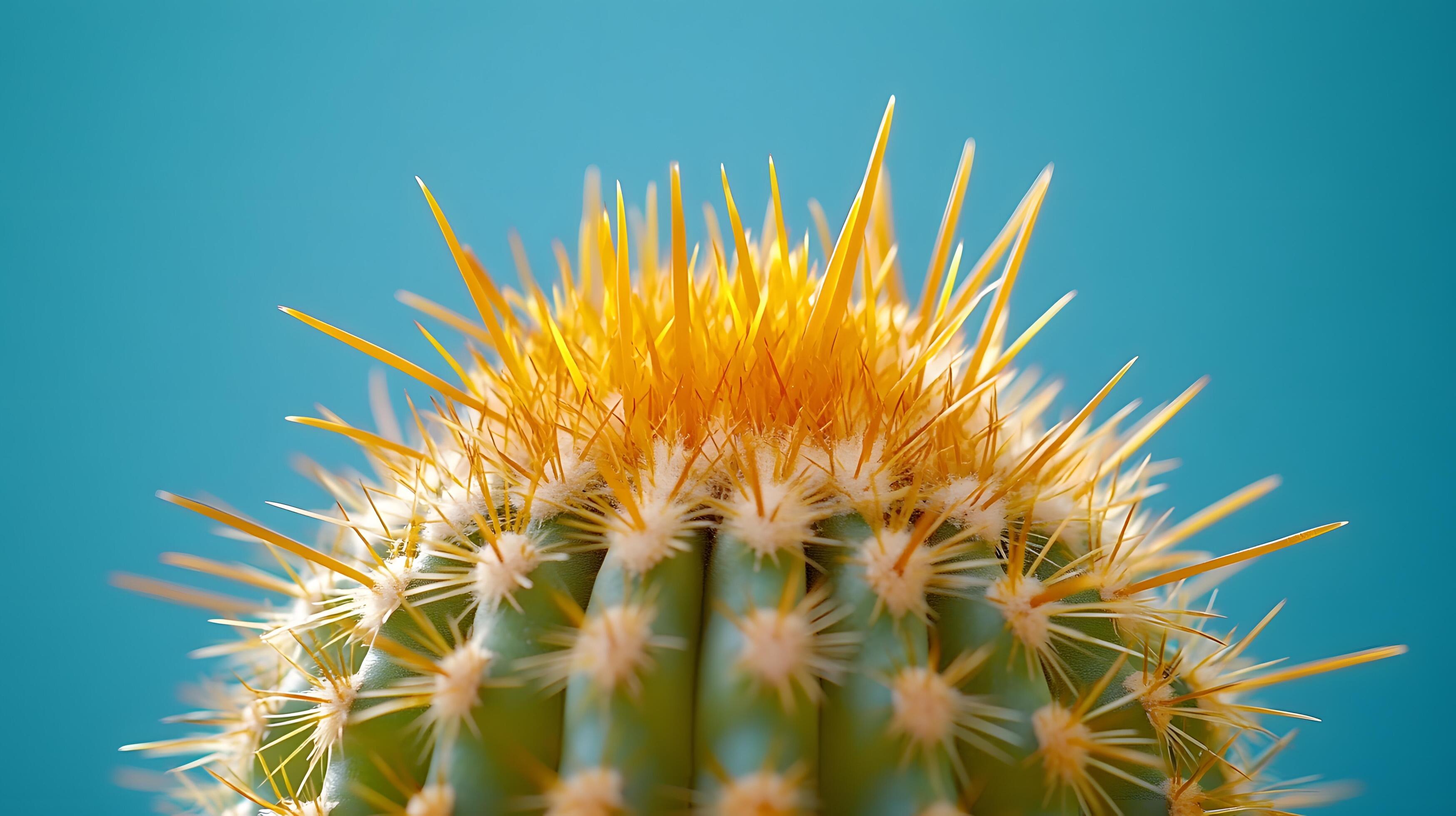 Golden barrel cactus displays striking yellow spines against soft baby blue background. Macro ...