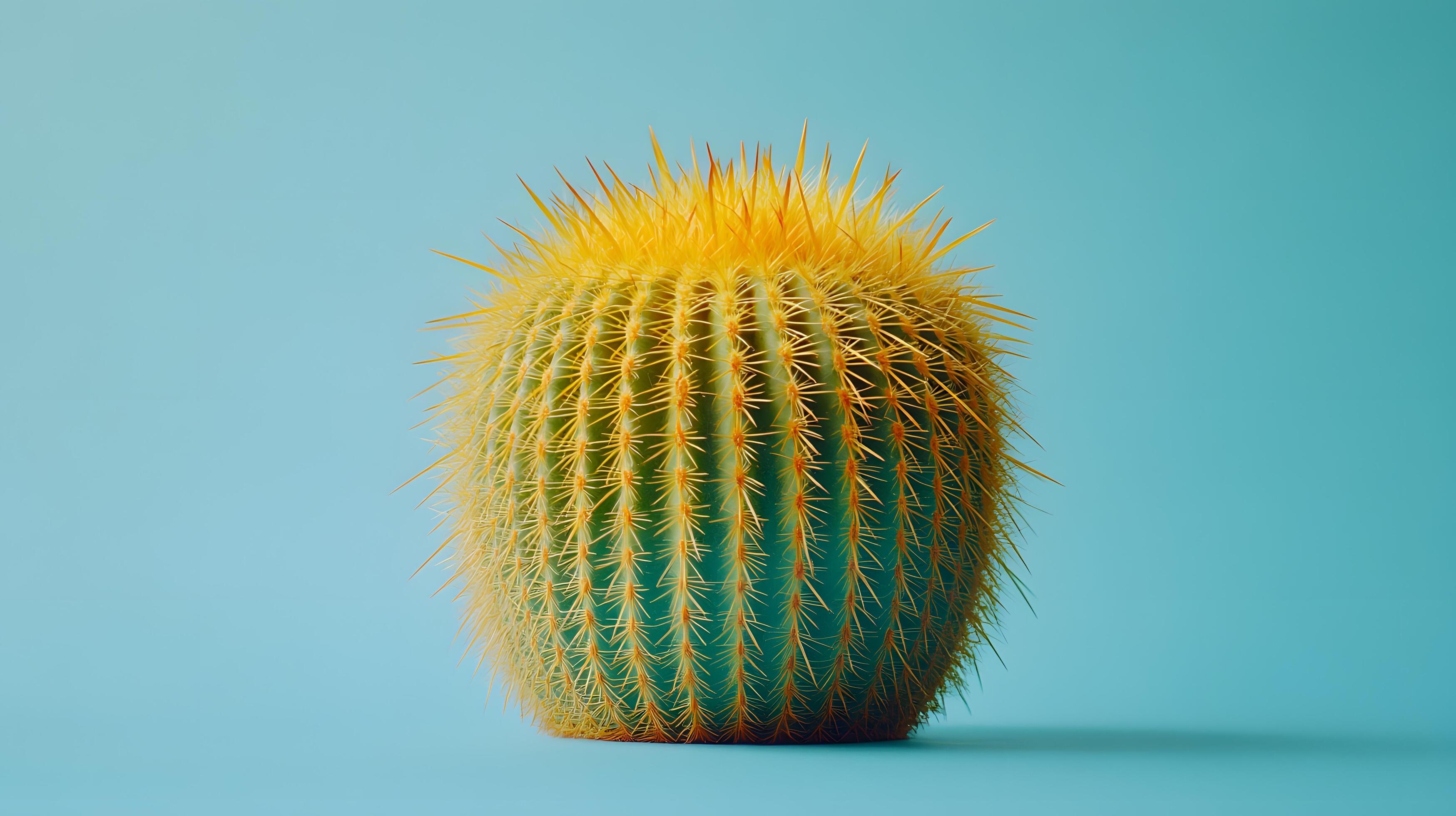 Golden barrel cactus displays striking yellow spines against soft baby blue background. Macro ...