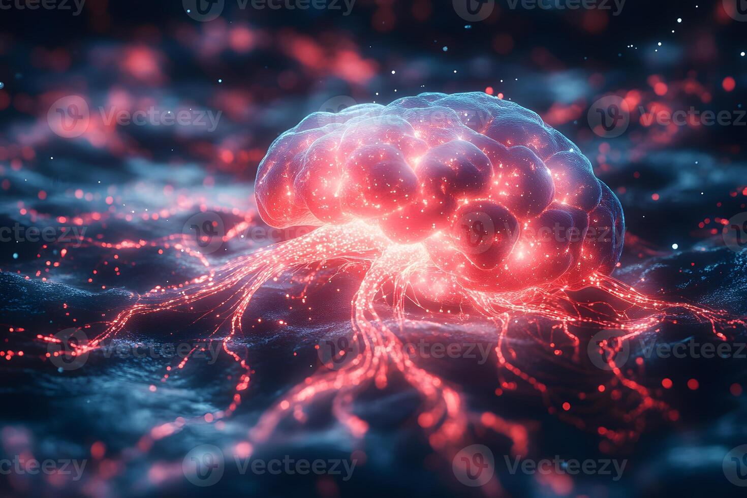 Futuristic Neural Network Visualization With Glowing Brain And Synaptic