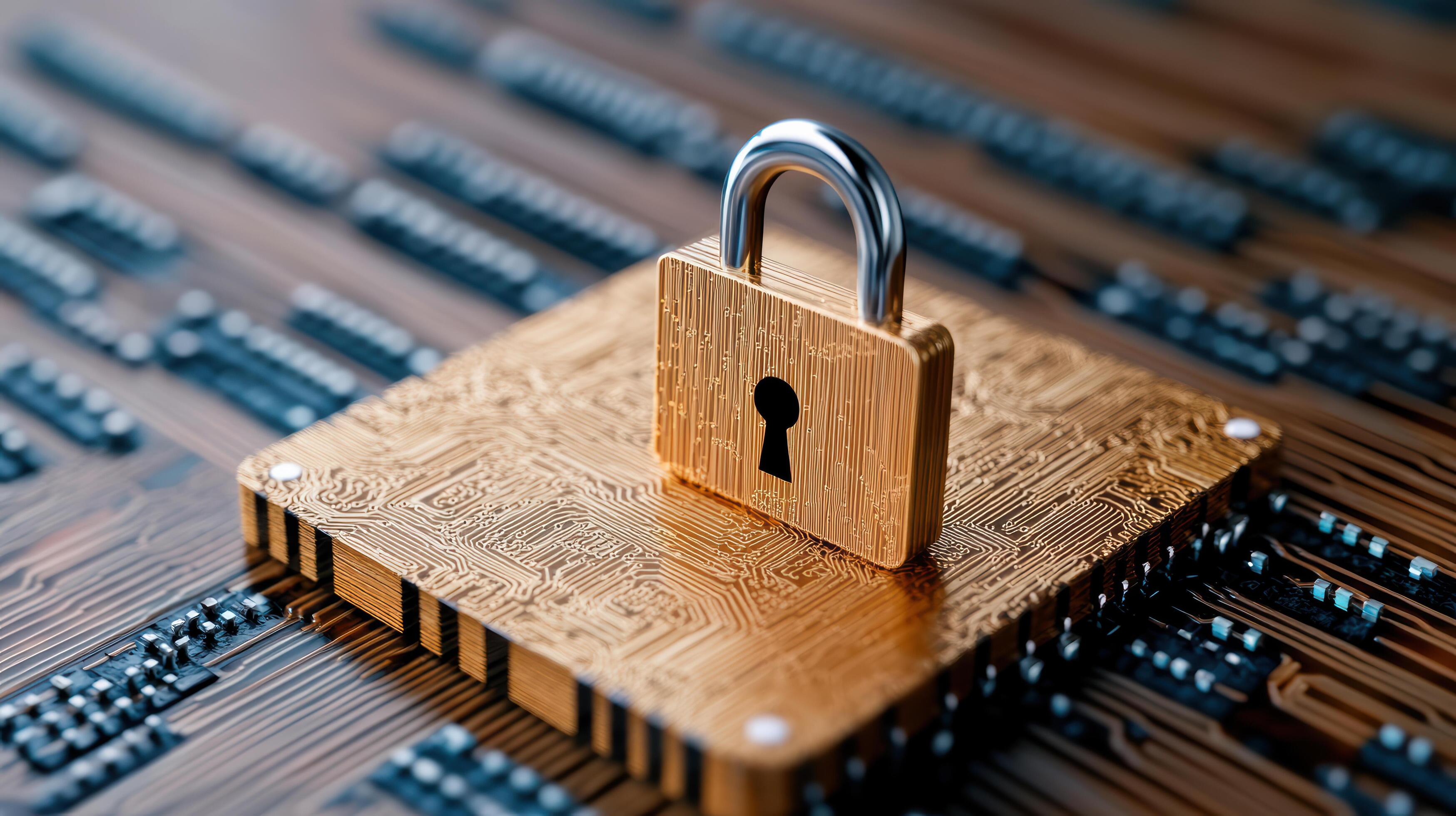 Secure Padlock On Circuit Board Symbolizes Data Protection And