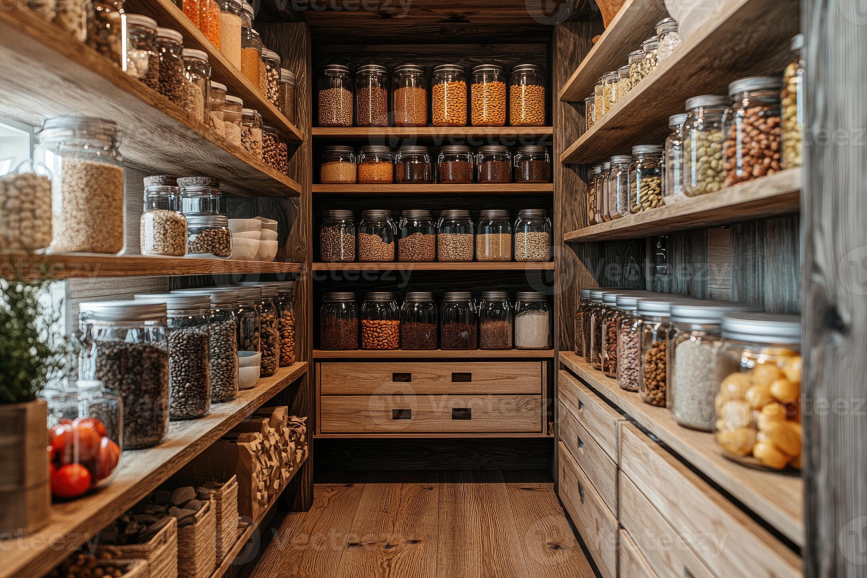 Various grains and legumes stored in glass jars filling wooden pantry shelves 55509346 Stock ...