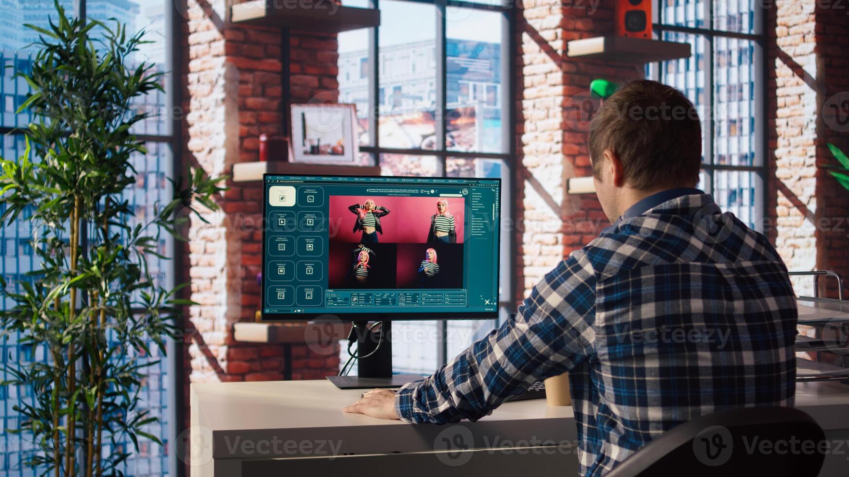 Man In Apartment Workspace Using Ai Software Turning Text Prompt Into Photos Person In Brick
