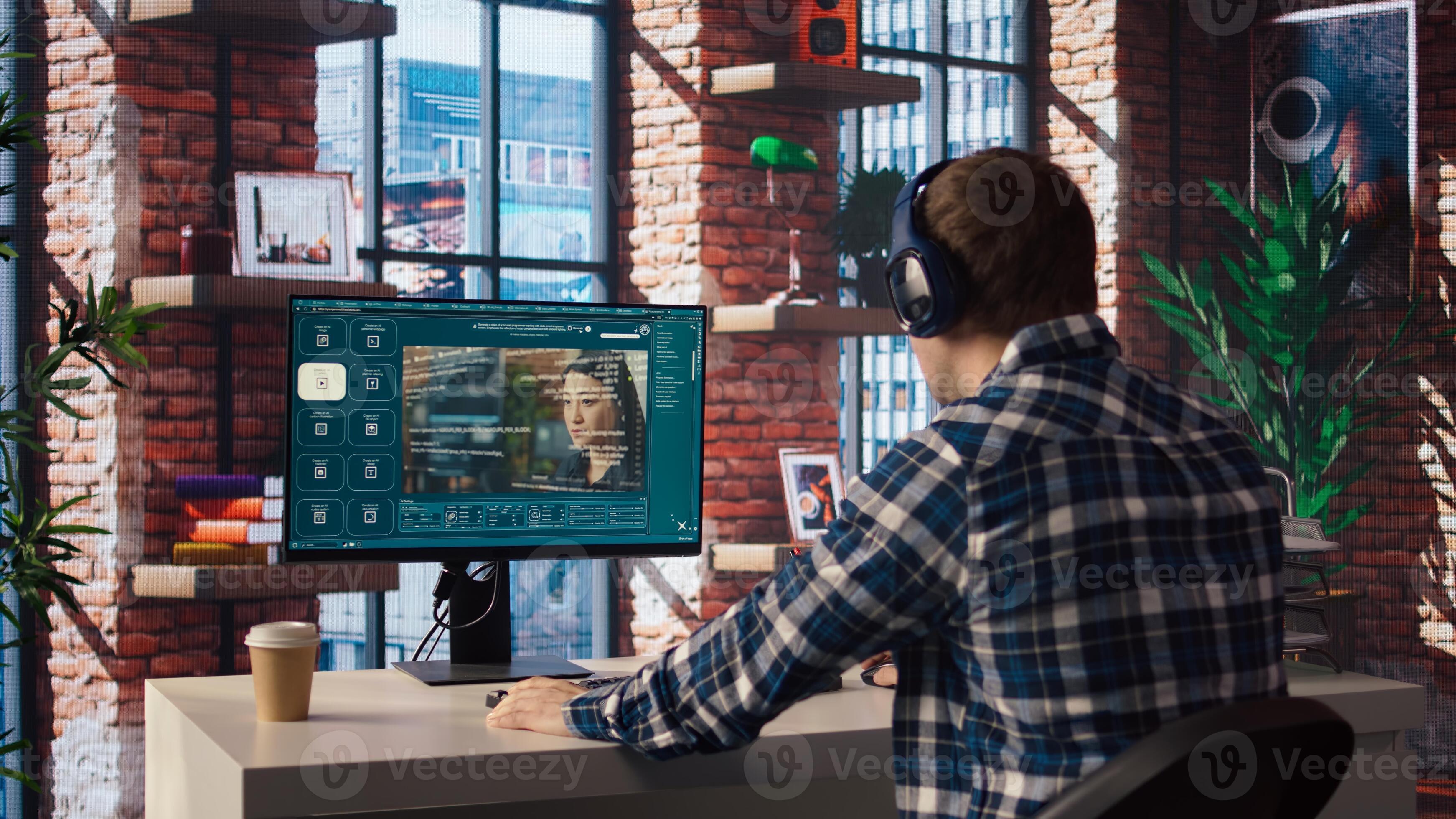 Man Listening Music While Using Ai Program Turning Text Prompt Into Videos Person Putting On