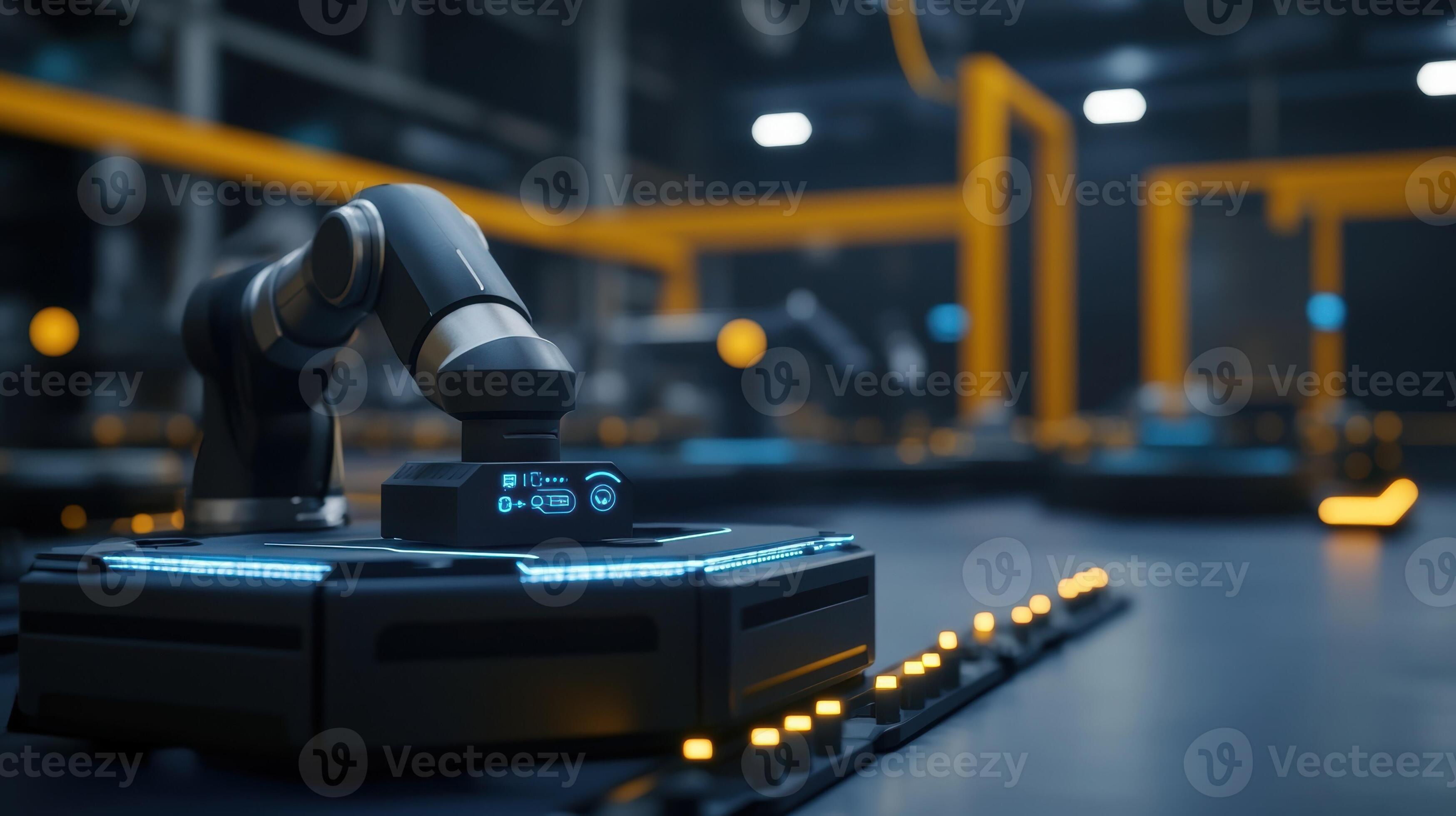 Closeup of an industrial robotic arm embedded with multiple IoT sensors ...