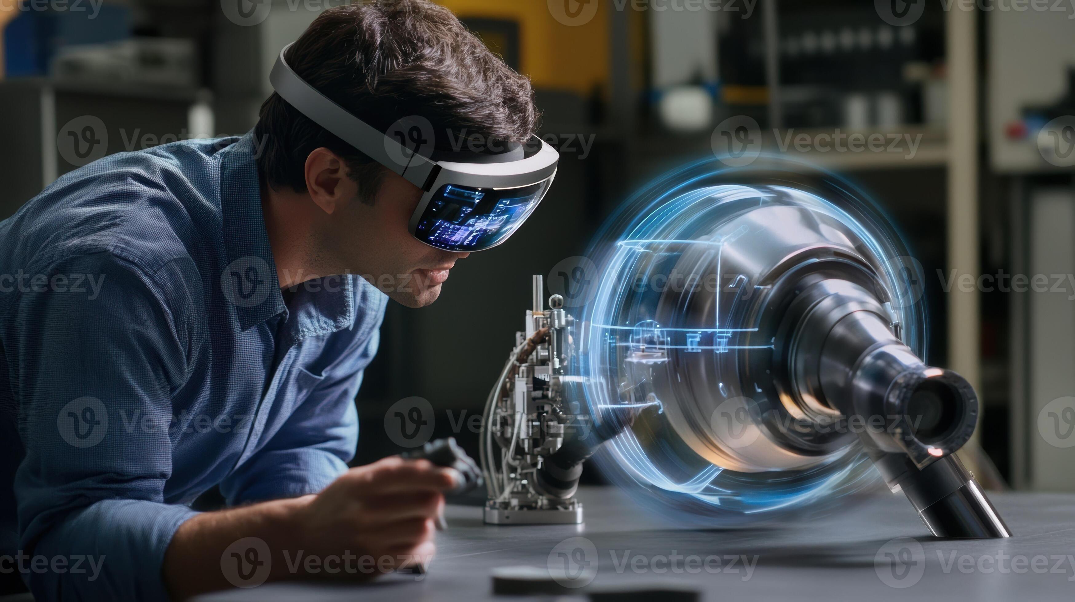 A technician wearing augmented reality glasses examining a complex assembly with virtual guides ...
