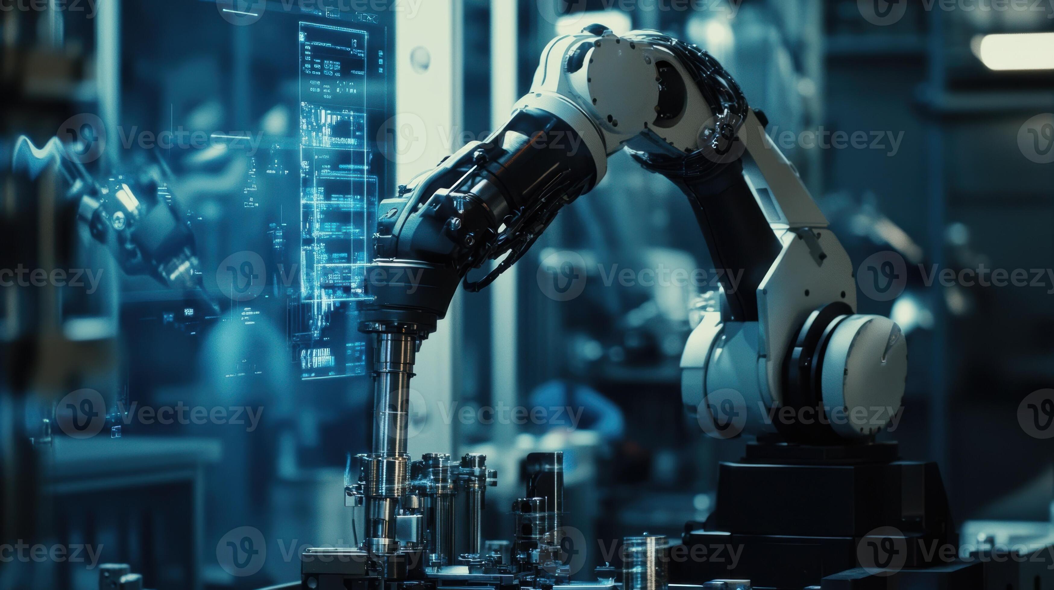 A closeup of a robotic arm working alongside human operators with projected AR data indicating ...