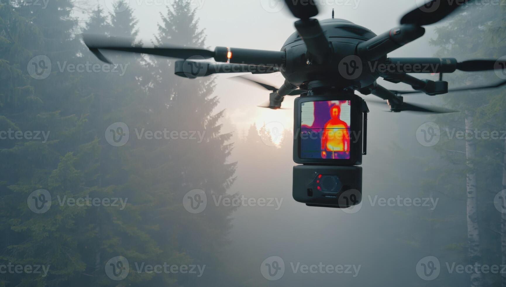 Drone using thermal imaging camera detecting lost person in forest ...