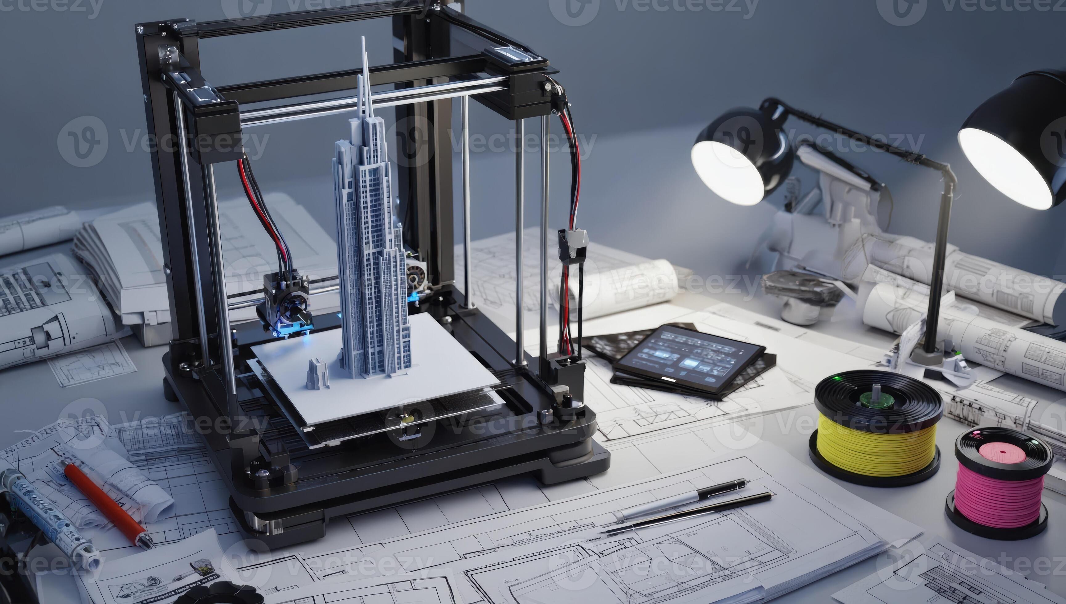 3d printer creating modern skyscraper model on architect's desk ...