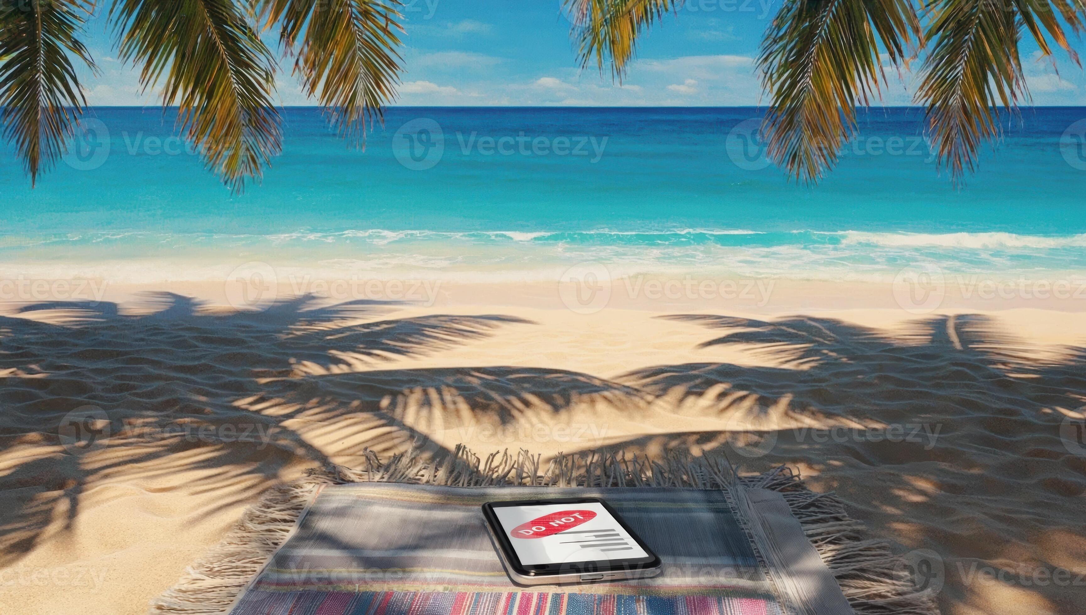 Tablet Showing Do Not Disturb Notification On Tropical Beach Under Palm tablet-showing-do-not-disturb-notification-on-tropical-beach-under-palm