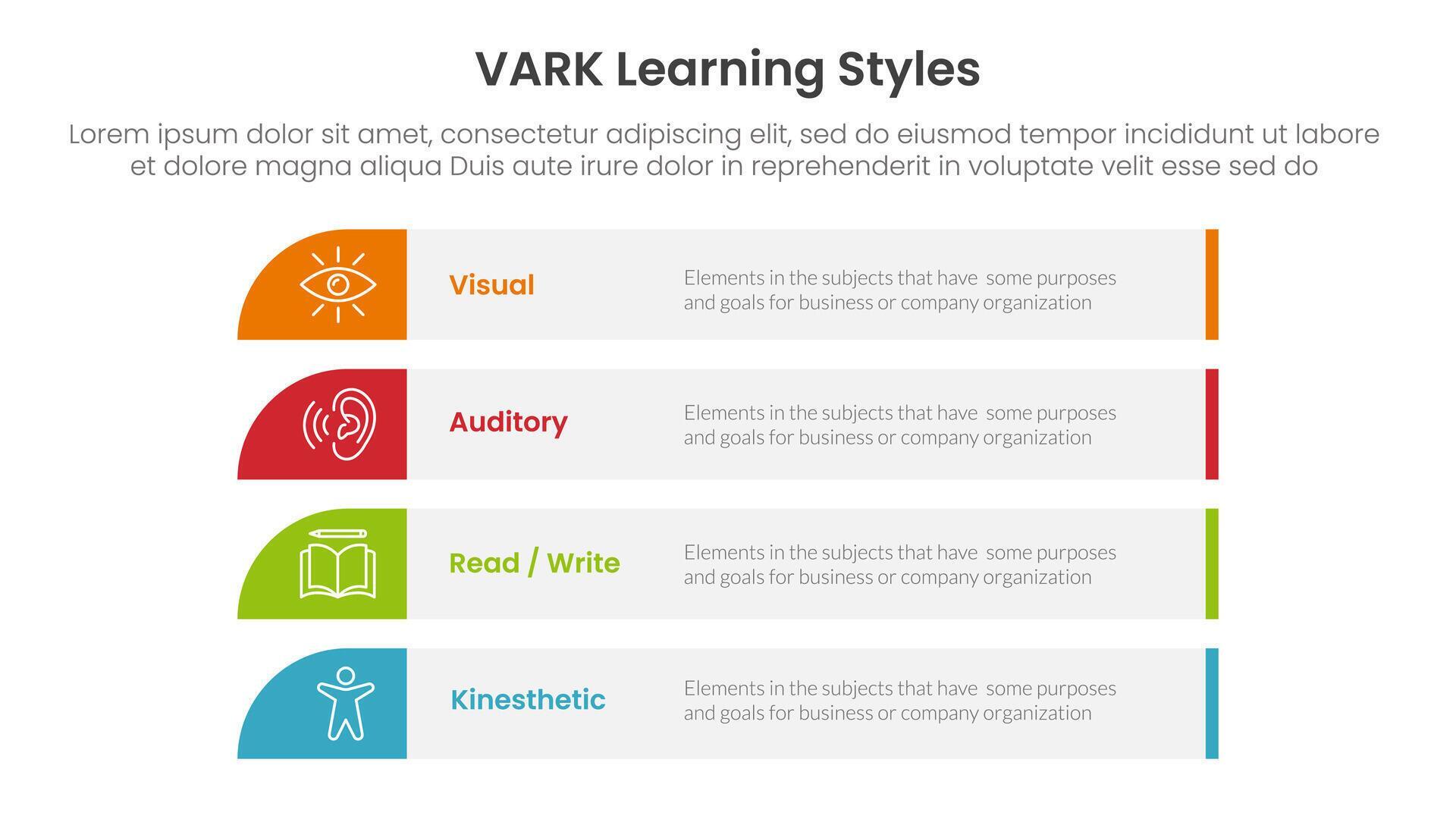 VARK learning styles infographic 4 point stage template with long rectangle box vertical stack ...